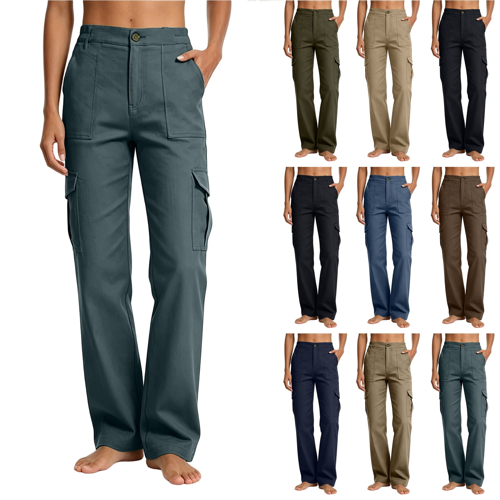 Bloomae Women's Cargo Pants Loose Wide Straight Leg Casual Button ...
