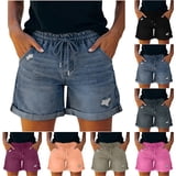 Bloomae Women's Casual Stretchy Ripped Denim Shorts Drawstring Elastic ...