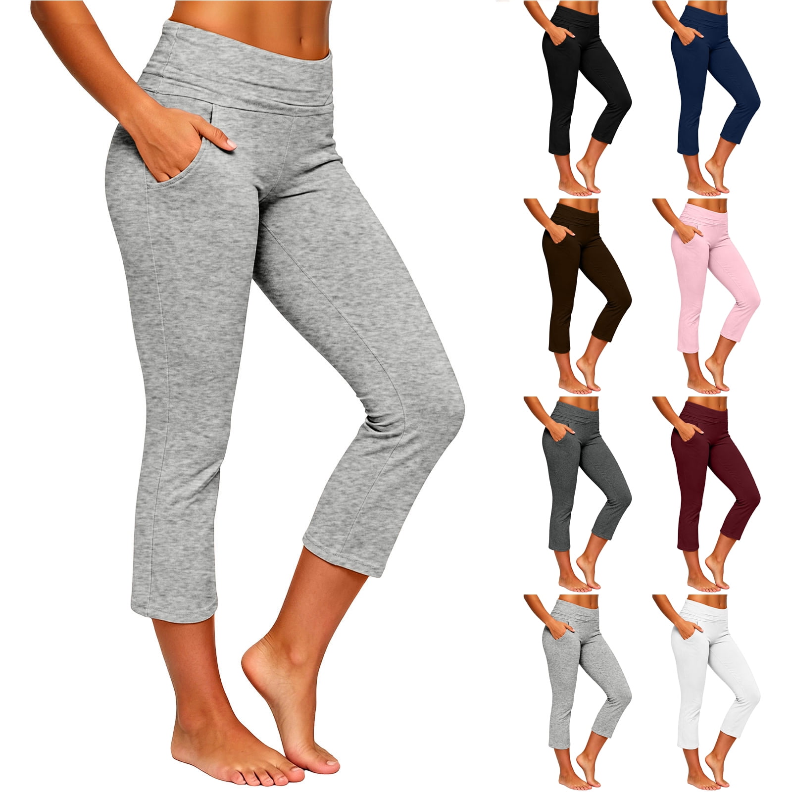 Bloomae Women's Cropped Yoga Pants with Pockets Fold Over Elastic High ...