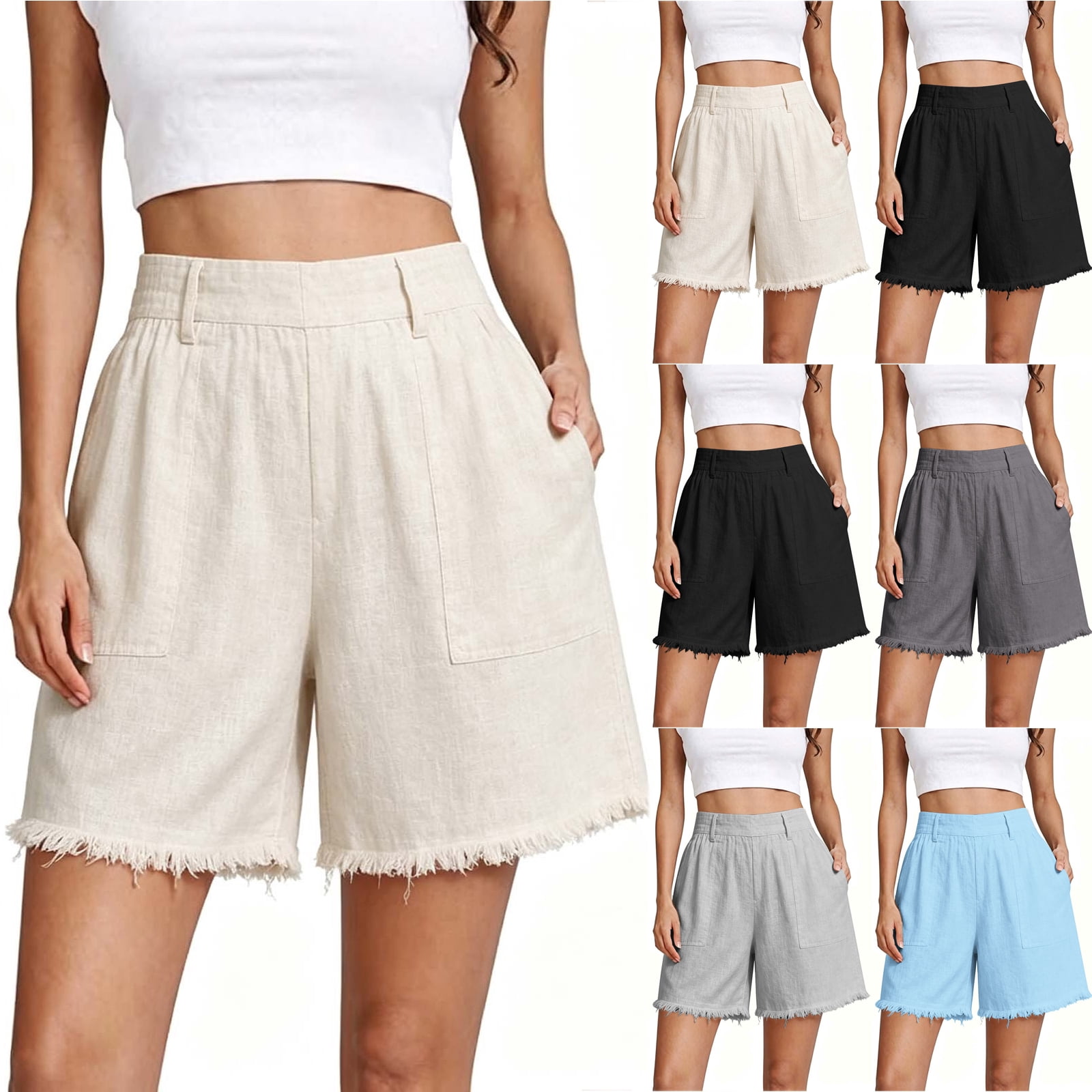 Bloomae Women's High Waist Frayed Hem Shorts Above Knee Length Casual ...