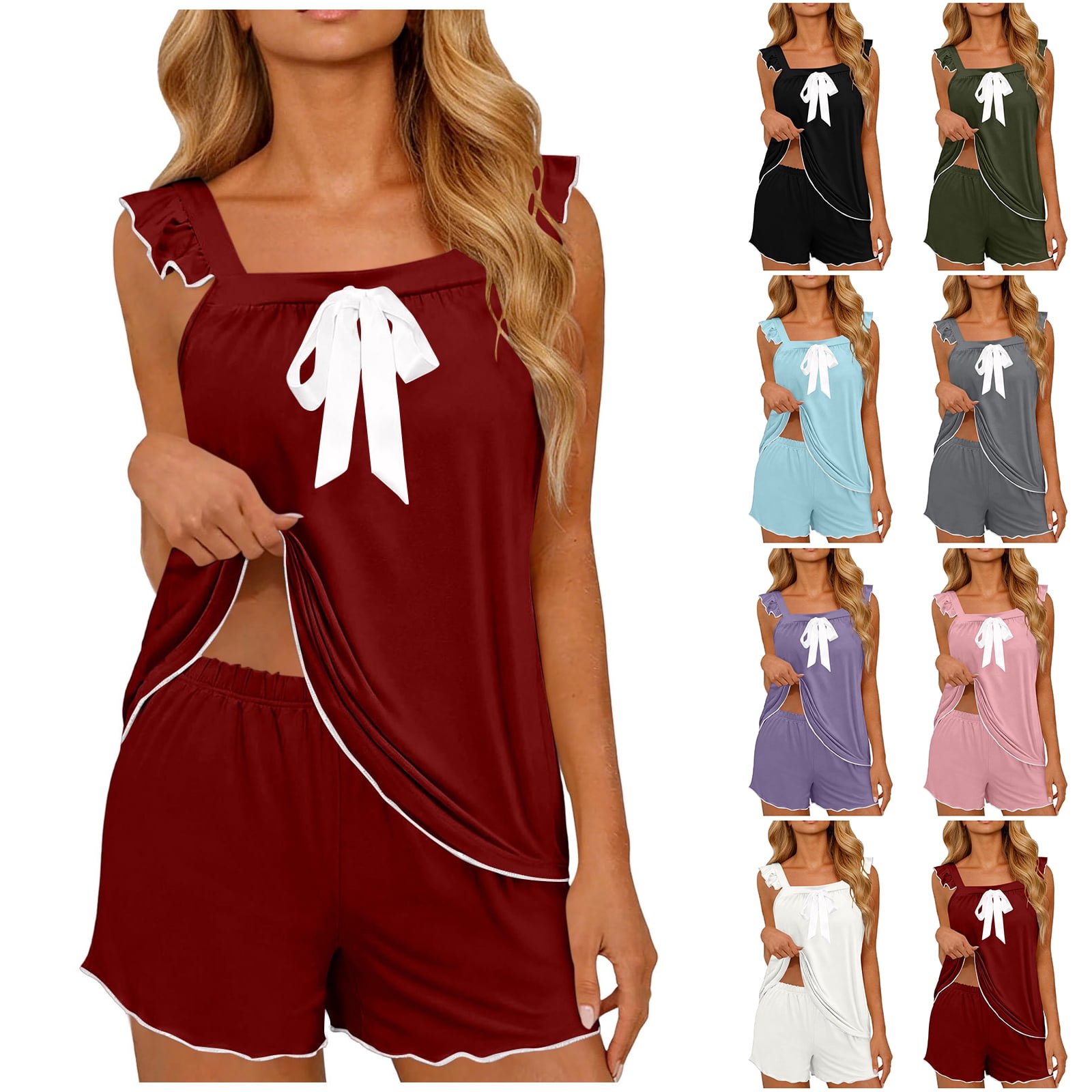 Bloomae Women's Pajamas Sets 2 Piece Bow Bridal Pajama Cute Sleeveless ...