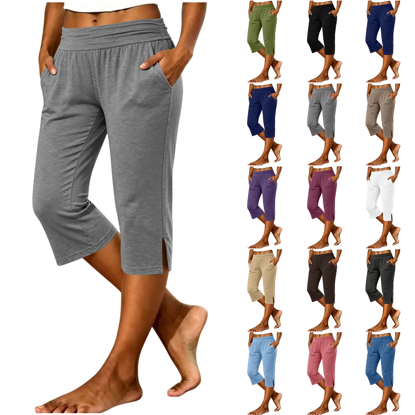 Bloomae Women's Plus Size Capri Pants High Waisted Wide Leg Loose ...