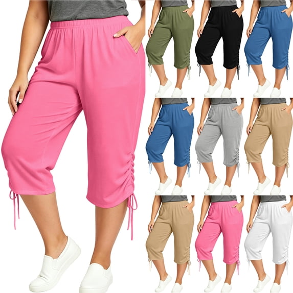 Bloomae Women's Plus Size Comfy Capri Pants Loose Fit Summer Side ...