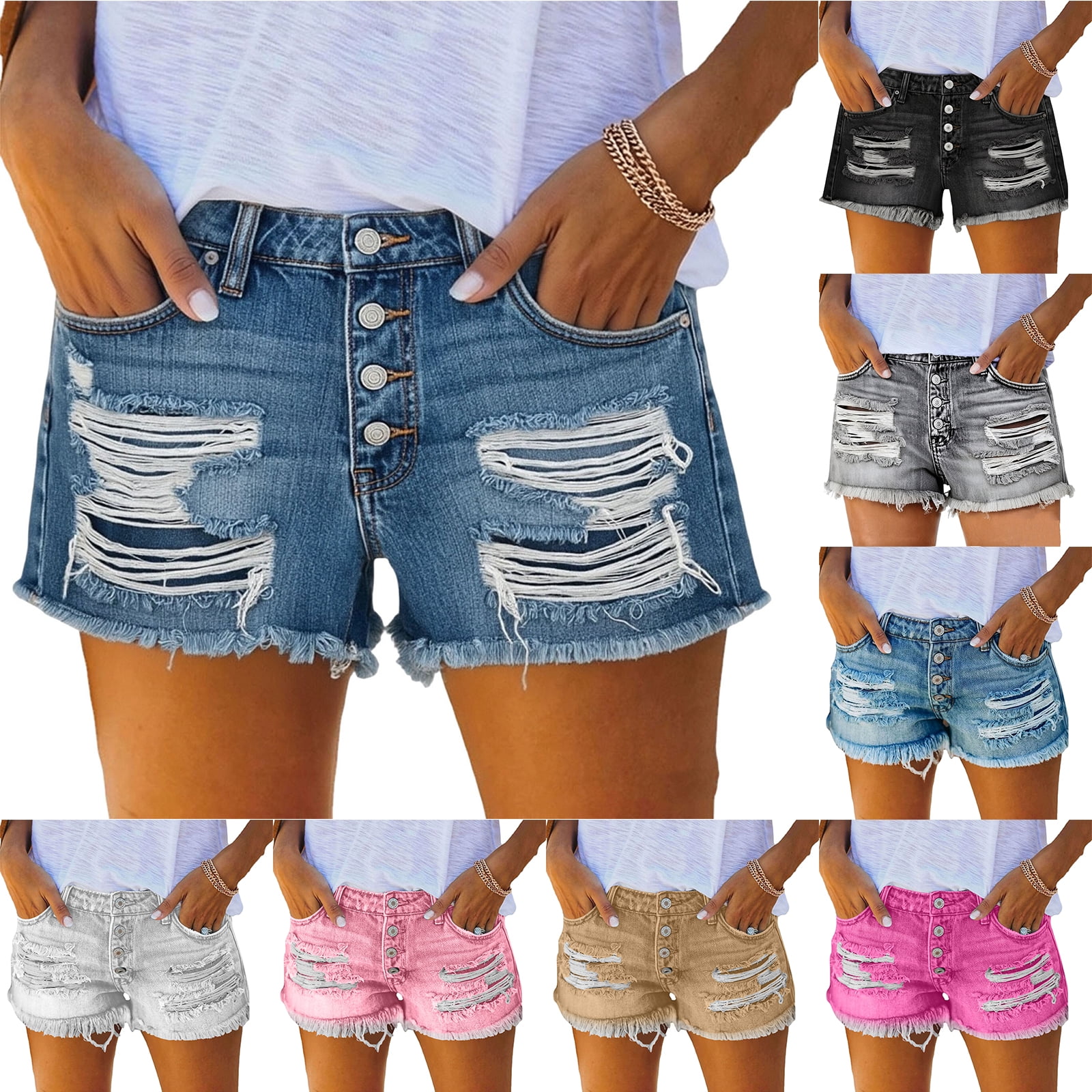 Bloomae Women's Ripped Denim Jean Shorts Mid Rise Summer Frayed Hem Cut ...