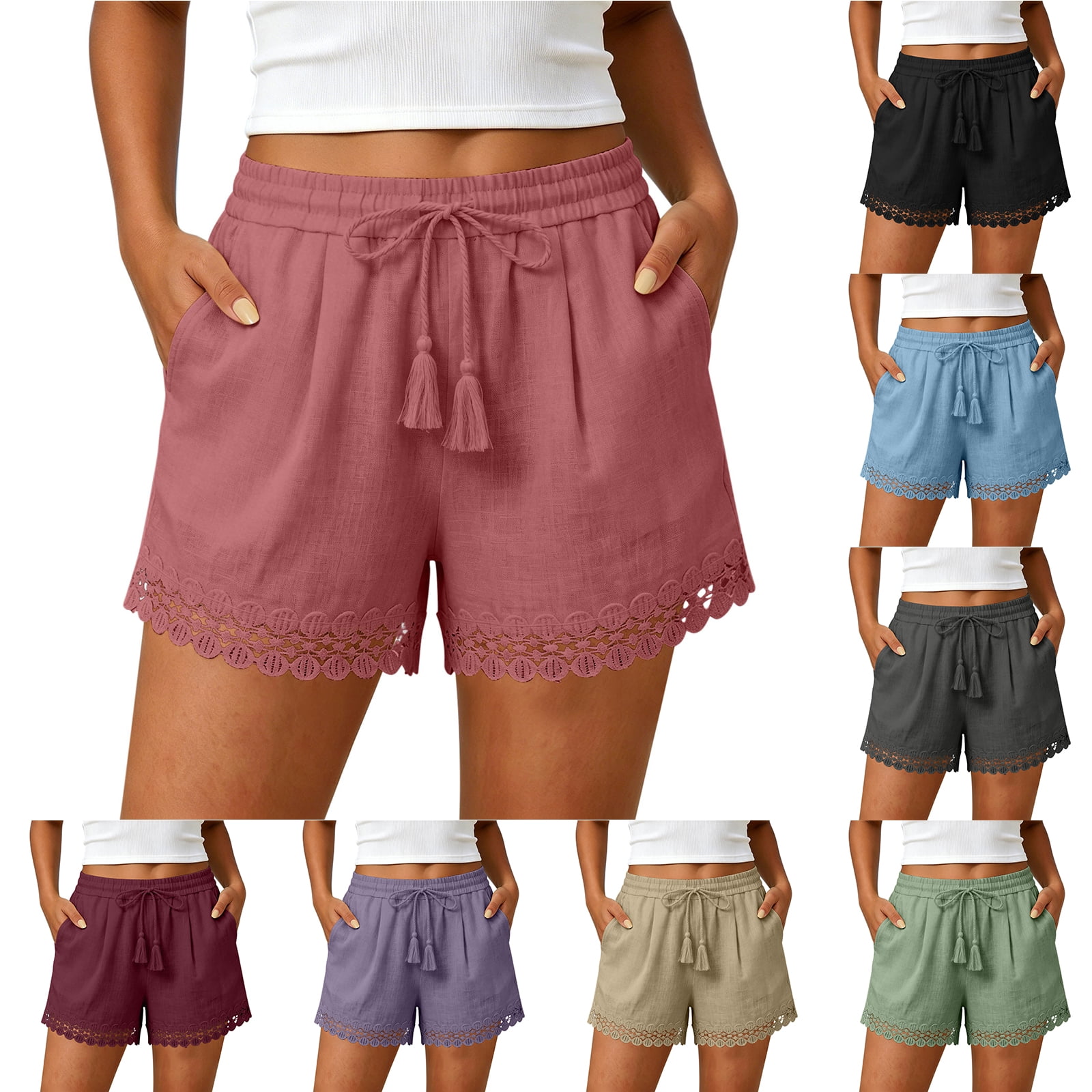 Bloomae Women's Summer Beach Vacation Linen Shorts Trendy Cute Elastic ...