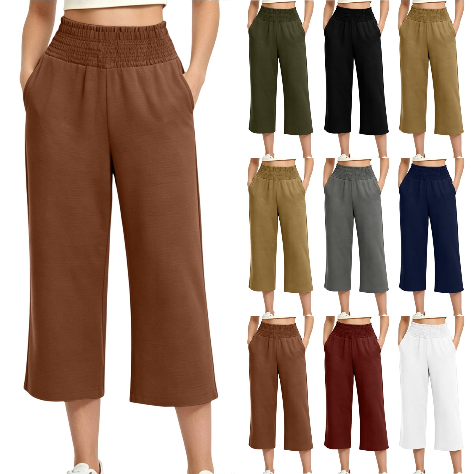 Bloomae Women's Wide Leg Capri Pants Smoked Elastic High Waisted Tummy ...