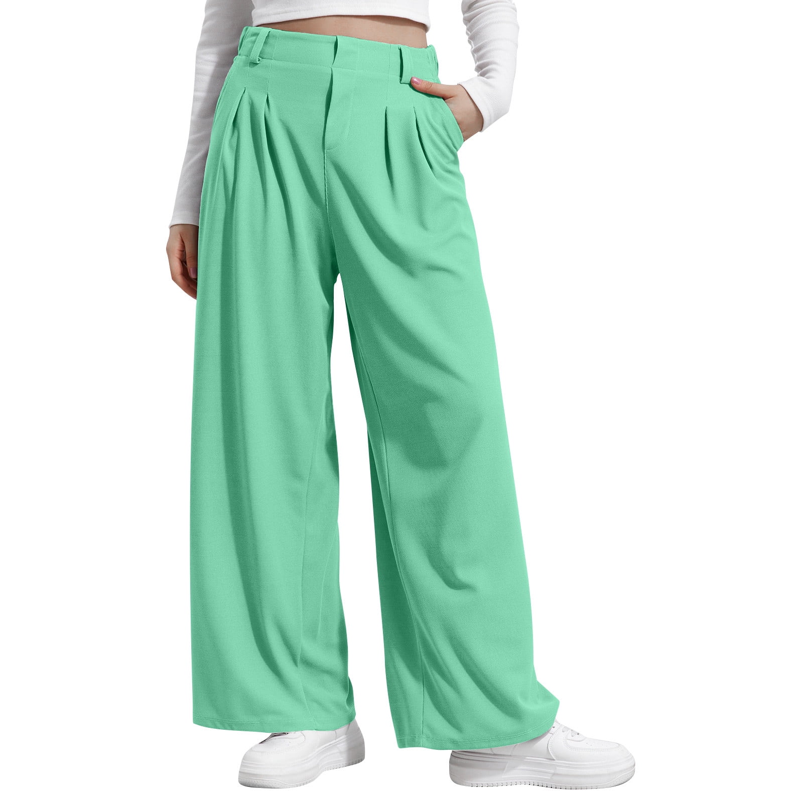Bloomae Women's Wide Leg Pants Stretch High Waisted Waffle Knit Casual ...