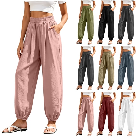 Bloomae Womens Baggy Wide Leg Pants Casual Elastic High Waisted Loose ...