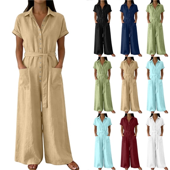 Bloomae Womens Button Down V Neck Jumpsuits Summer Casual Short Sleeve ...