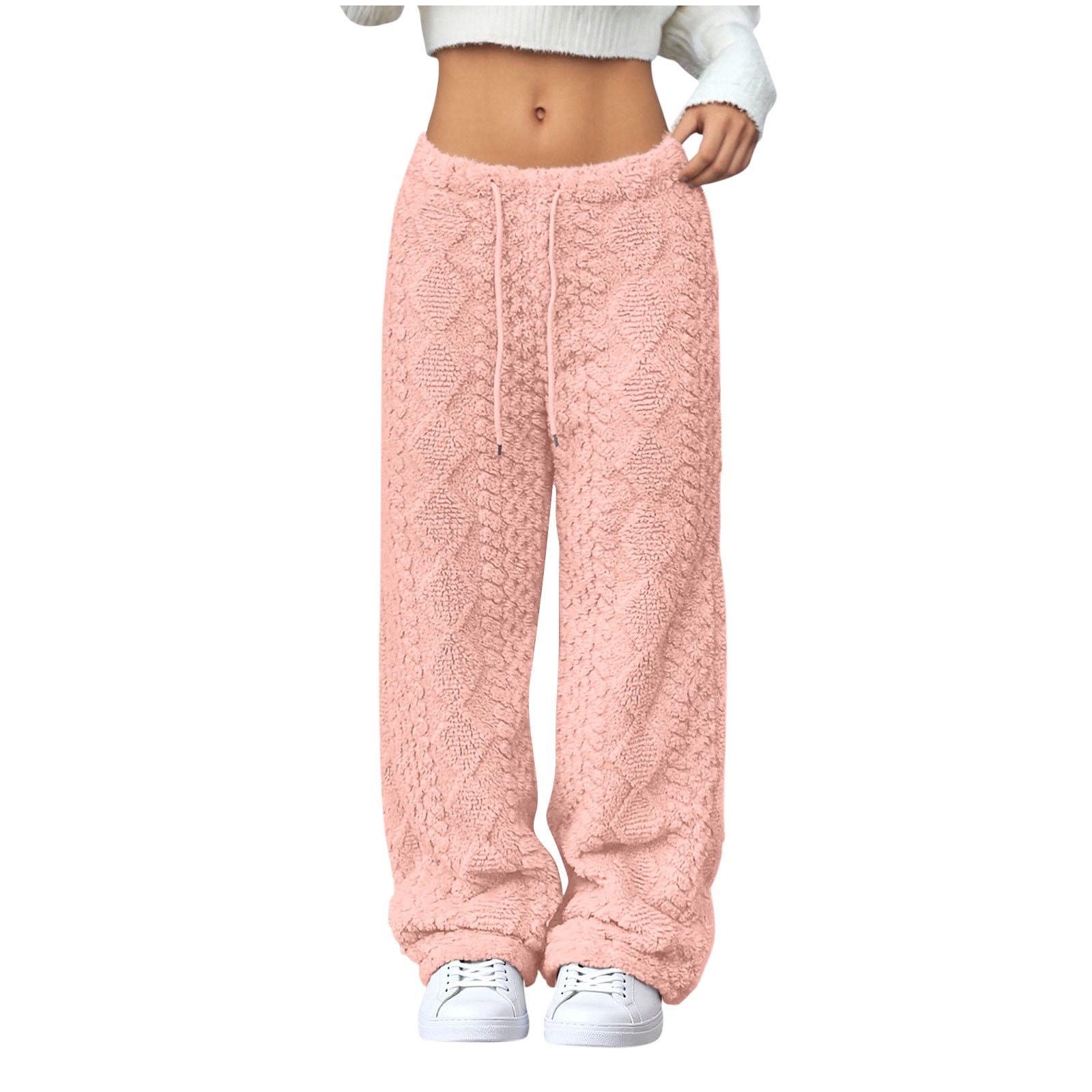 Bloomae Womens Cable Knit Fuzzy Long Pants Casual Drawstring Elastic ...
