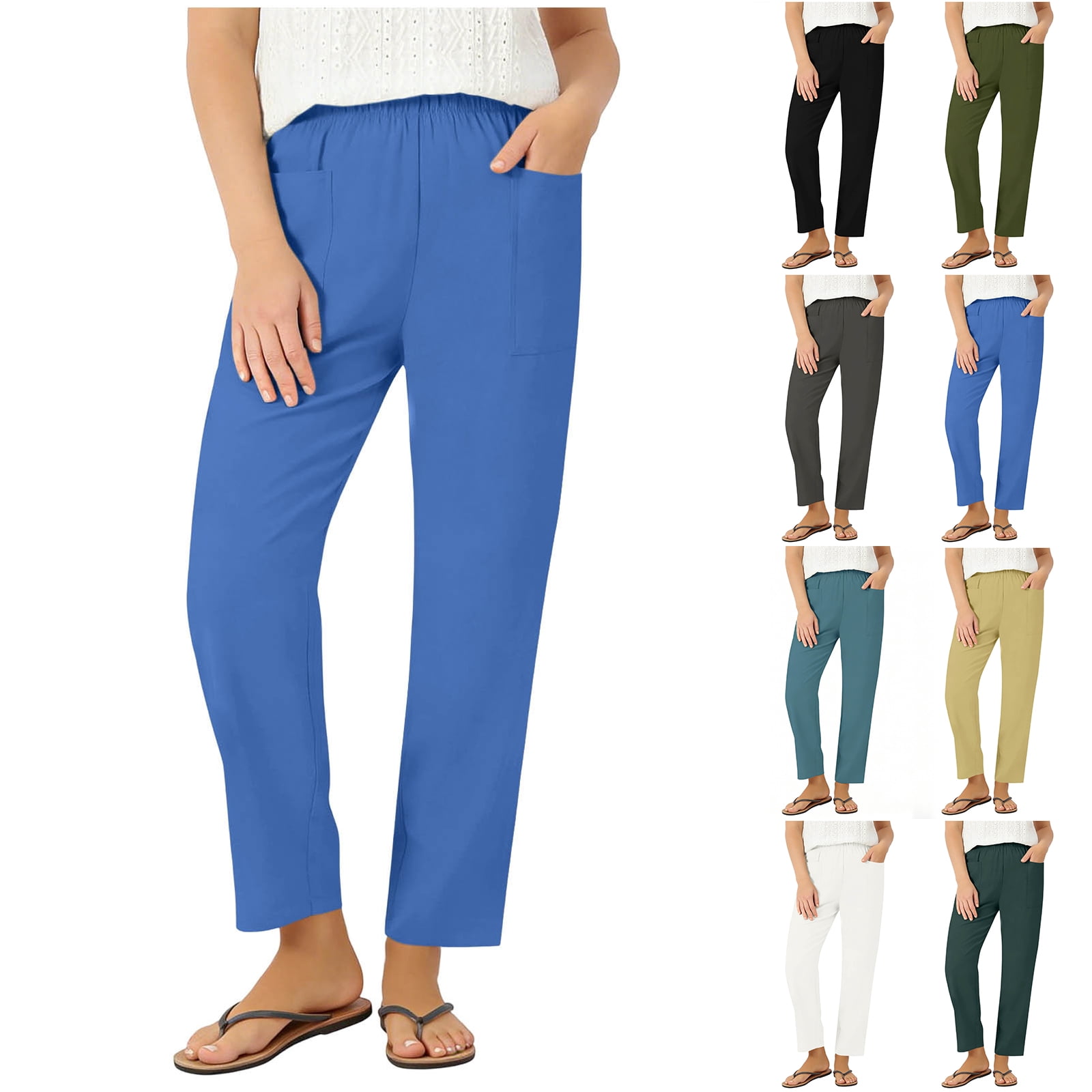 Bloomae Womens Capri Linen Pants Summer Casual Elastic High Waisted ...
