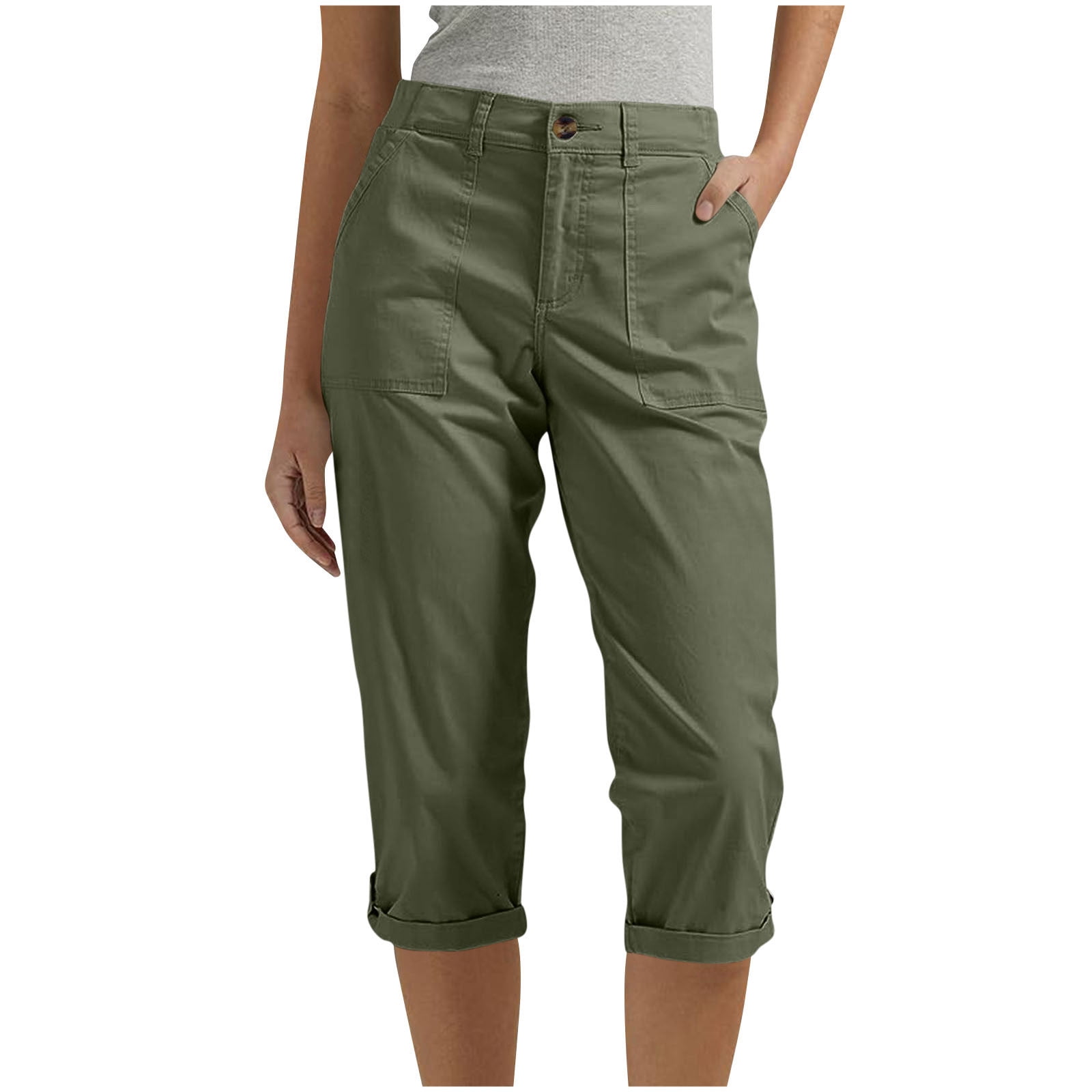 Bloomae Womens Capris with Pockets Stretch Lightweight Casual Button High Waist Cargo Pants ...
