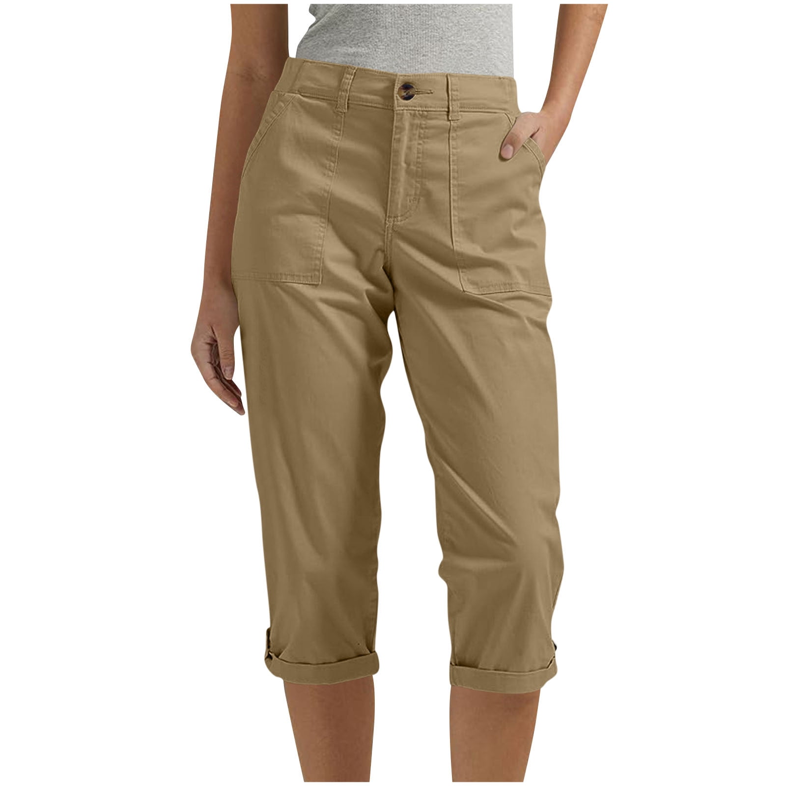Bloomae Womens Capris with Pockets Stretch Lightweight Casual Button High Waist Cargo Pants ...