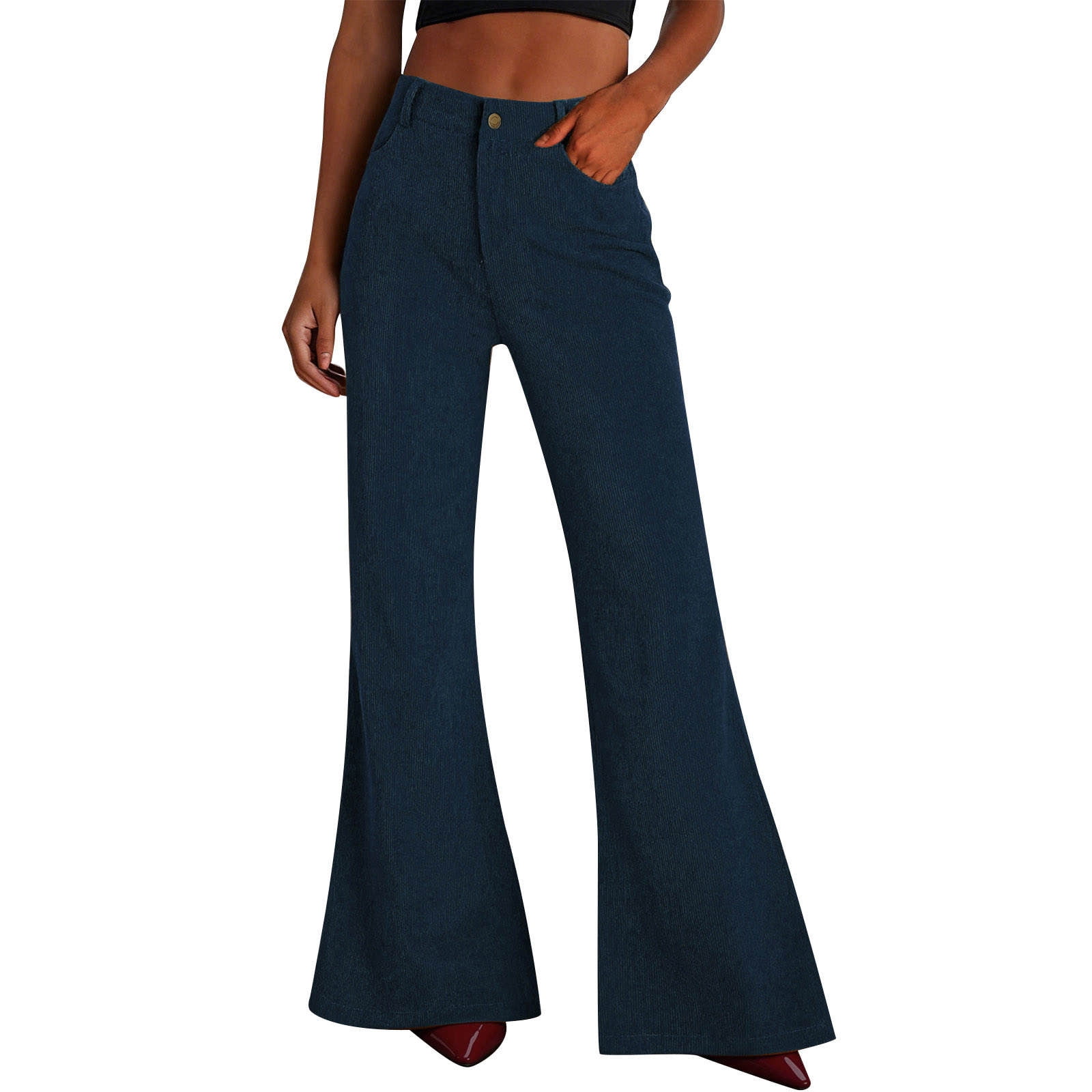 Bloomae Womens Corduroy Flare Pants Button Stretchy High Waisted Bell ...