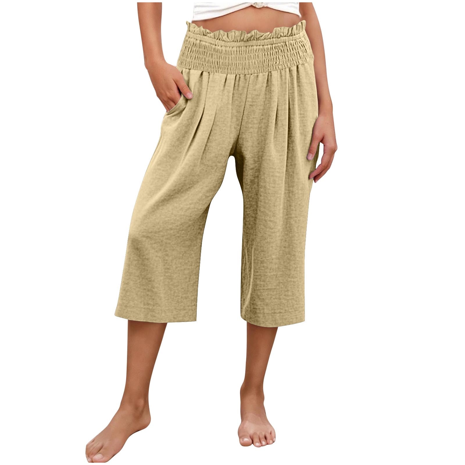 Bloomae Womens Cropped Pants Wide Leg High Smoked Waisted Palazzo Pants ...