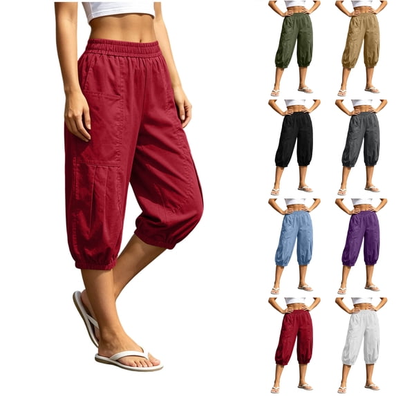 Bloomae Womens Harem Capri Pants Elastic Waist Ruched Pleated Tapered ...