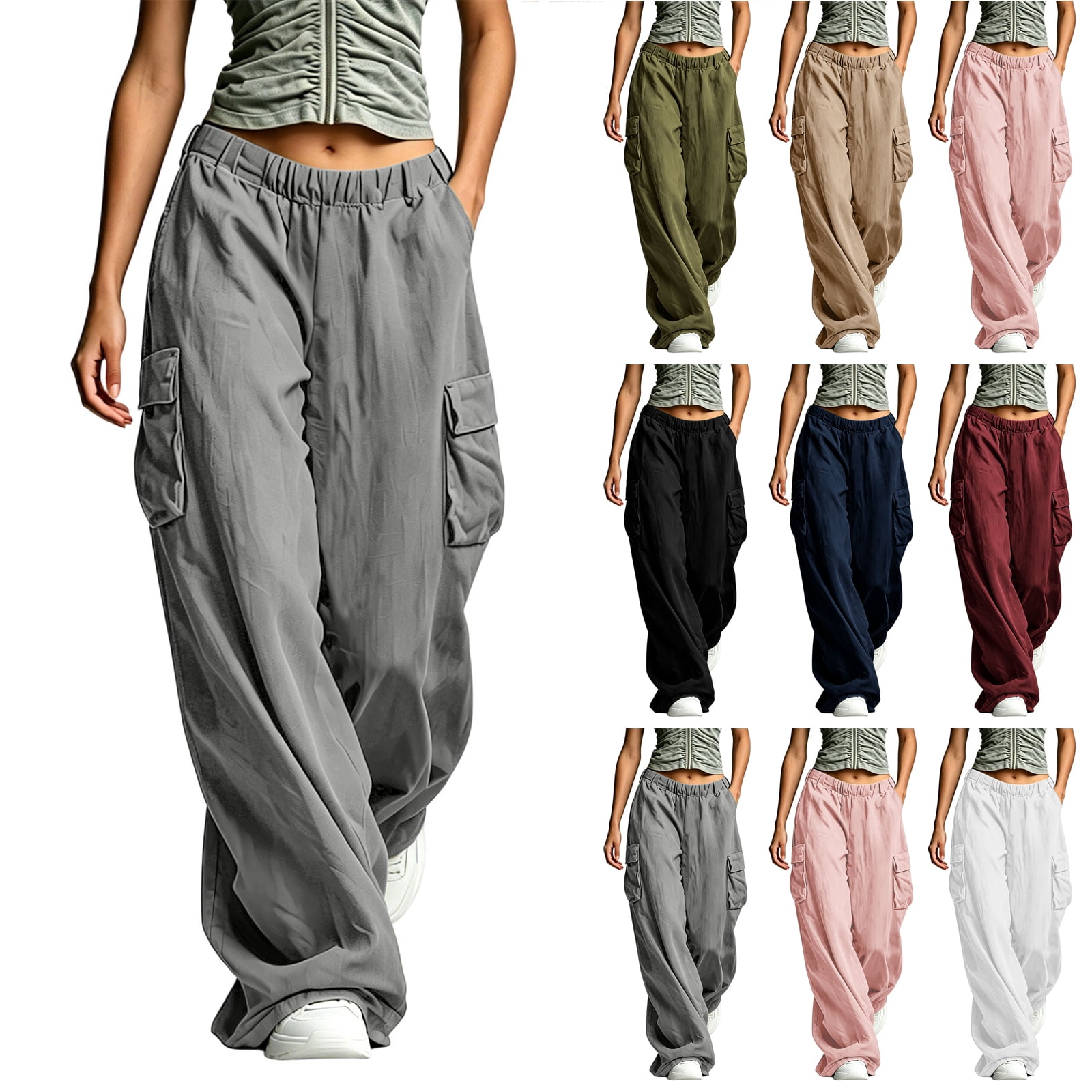Bloomae Womens High Waisted Cargo Pants Loose Wide Leg Baggy Casual ...