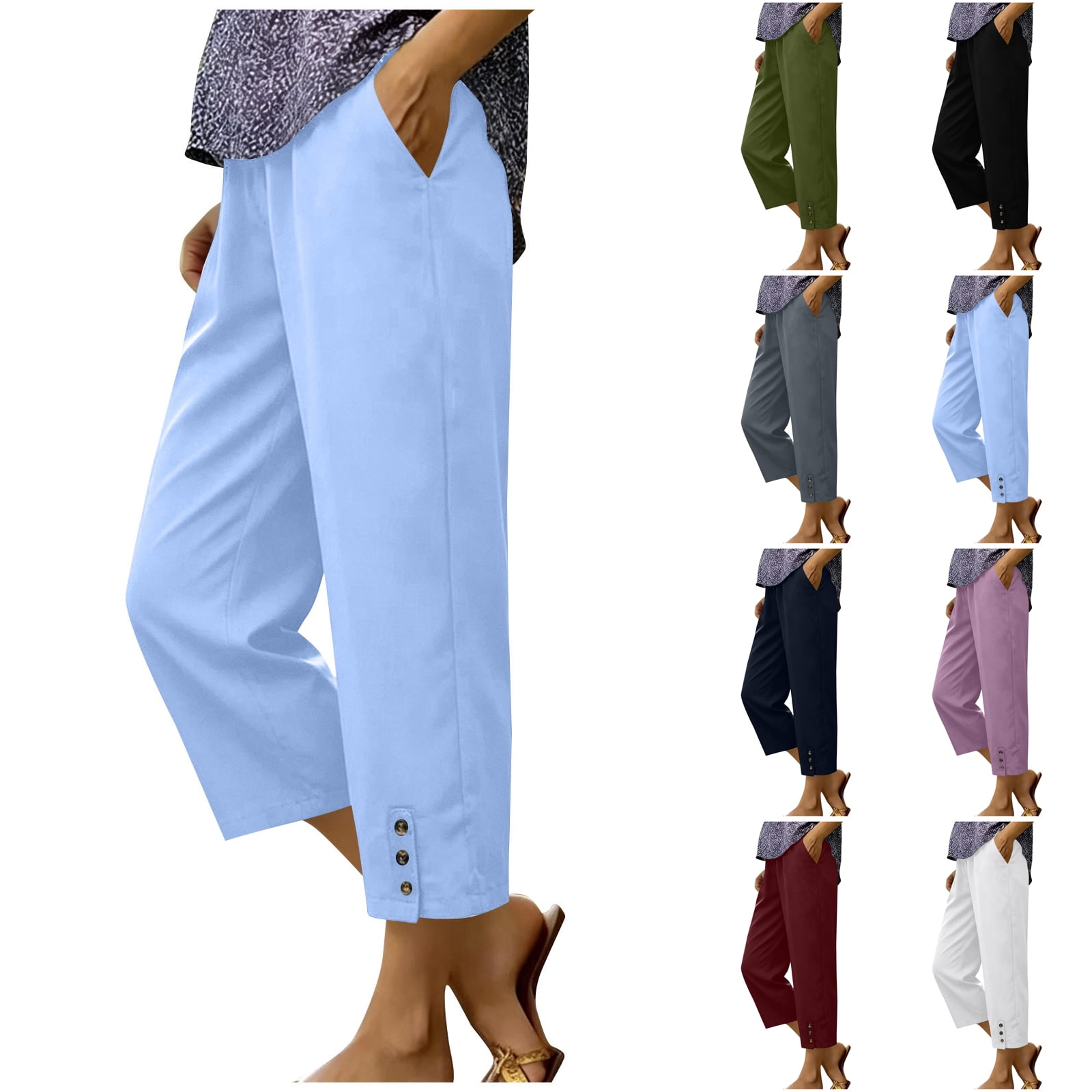 Bloomae Womens Linen Cropped Pants Lightweight Casual Ankle Length ...