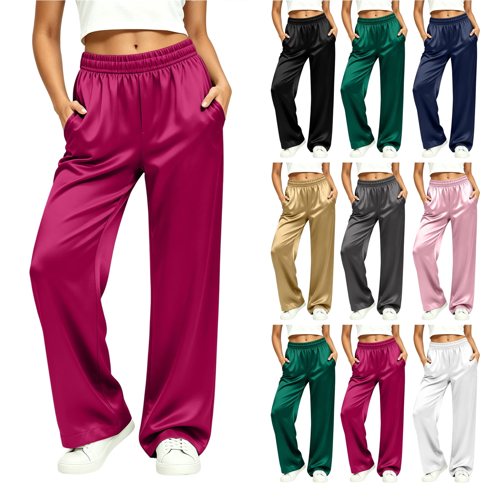Bloomae Womens Silk Satin Wide Leg Pajama Sleep Pants Casual Loose Soft ...