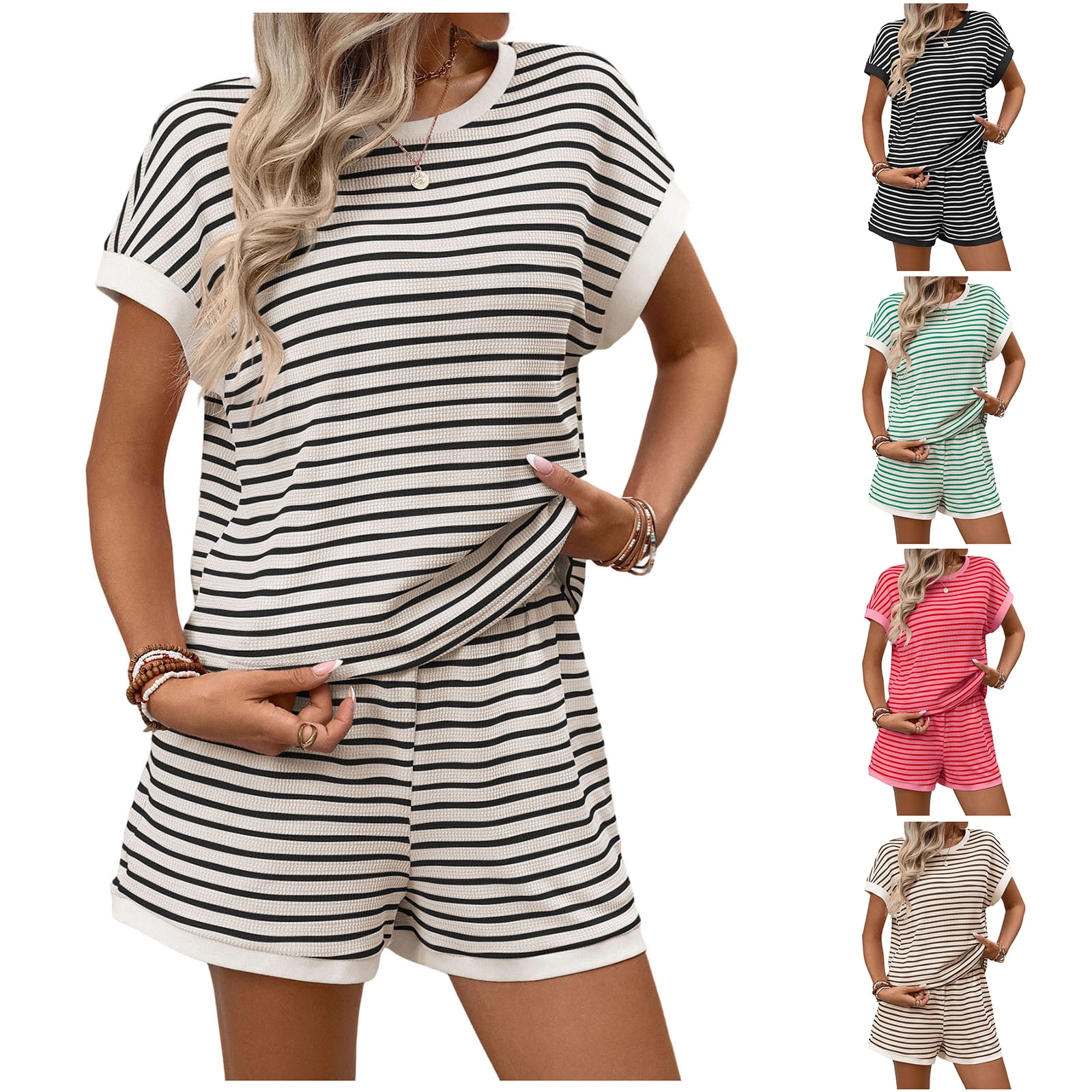 Bloomae Womens Summer 2 Piece Sets Striped Short Sleeve Crew Neck Basic ...