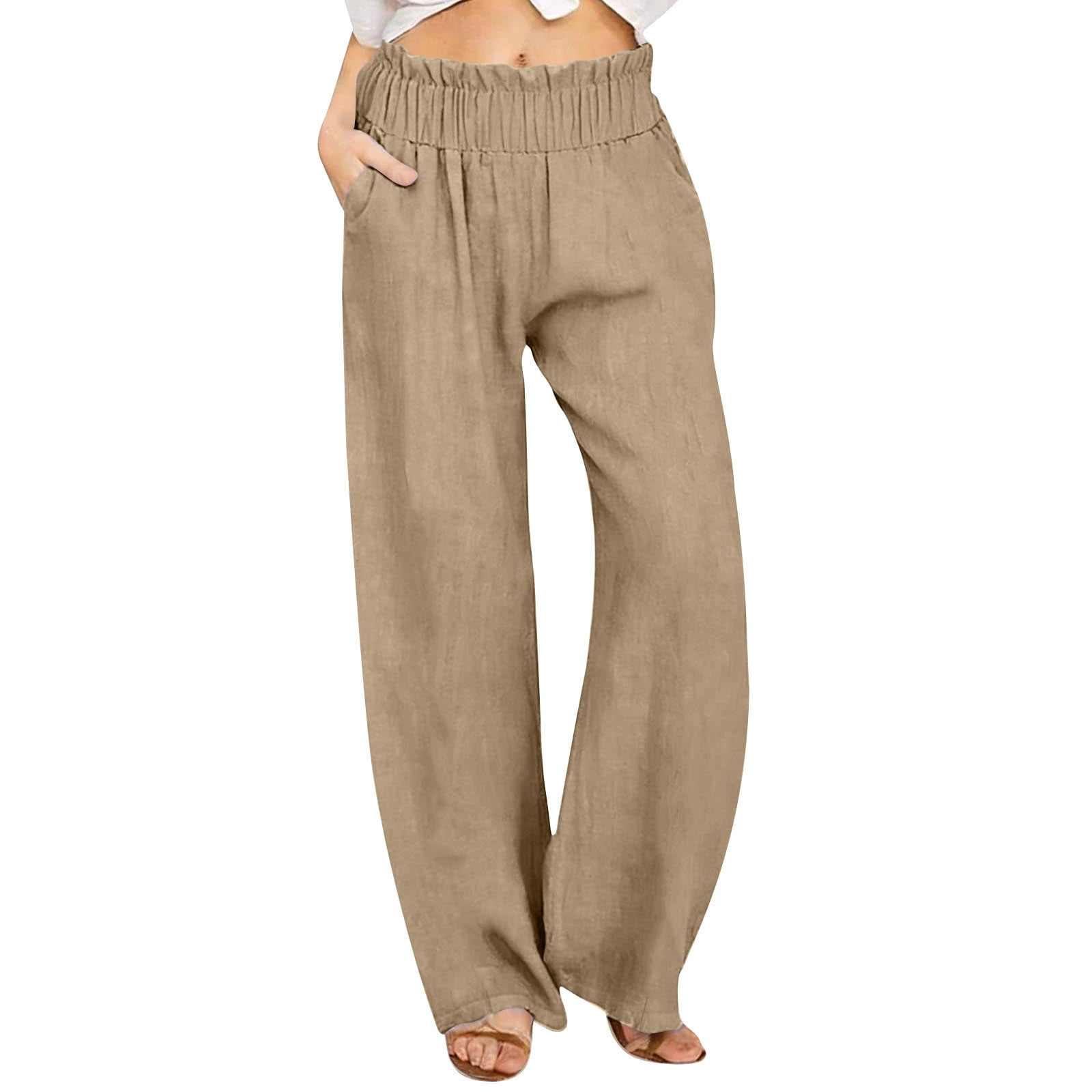 Bloomae Womens Summer Fashion Linen Pants Solid Casual Smoked Elastic ...