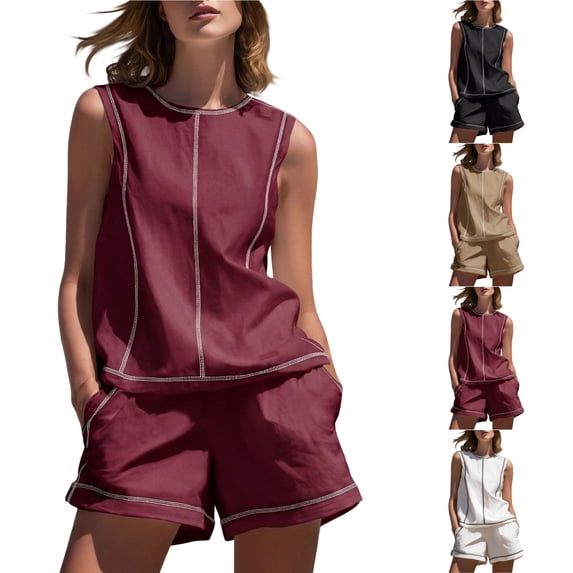 Bloomae Womens Two Piece Linen Short Sets Summer Round Neck Short ...