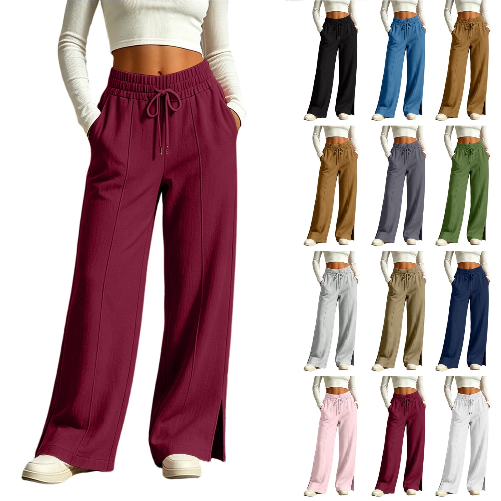 Bloomae Womens Wide Leg Cotton Linen Sweatpants Loose Casual Side Slit ...