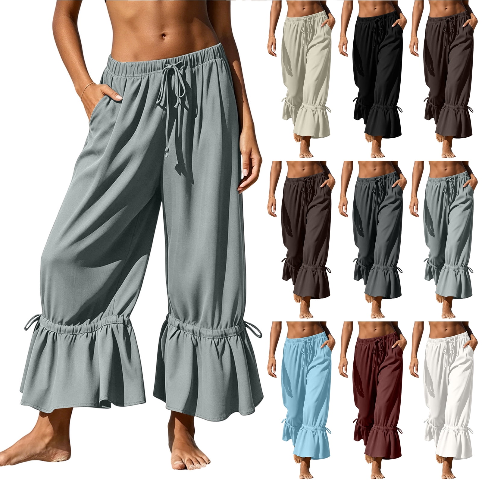 Bloomae Womens Wide Leg Cropped Pants Lightweight Casual Ruffle Hem ...