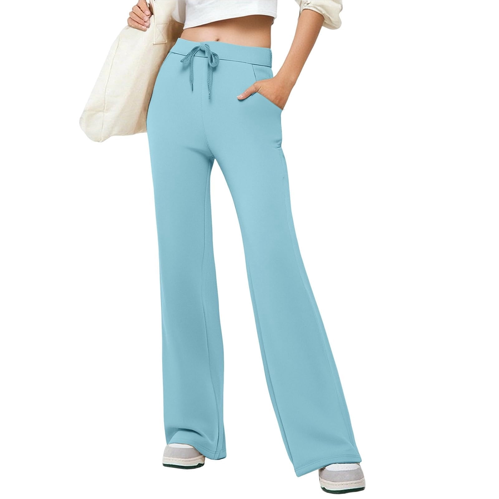 Bloomae Womens Wide Leg Flare Sweatpants Drawstring Elastic High Waist ...
