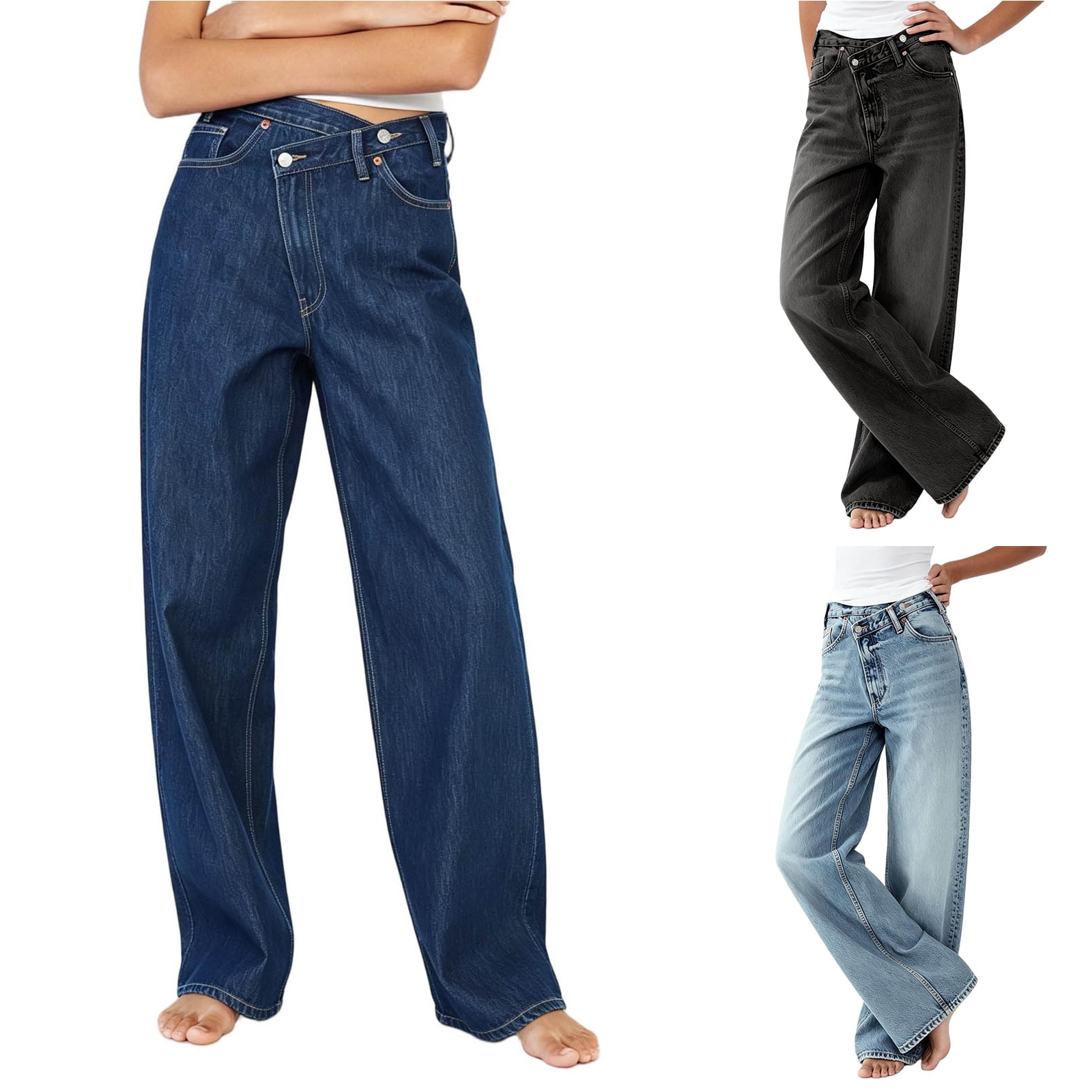 Bloomae Womens Wide Leg Jeans Crossover Button Elastic Waisted Baggy ...