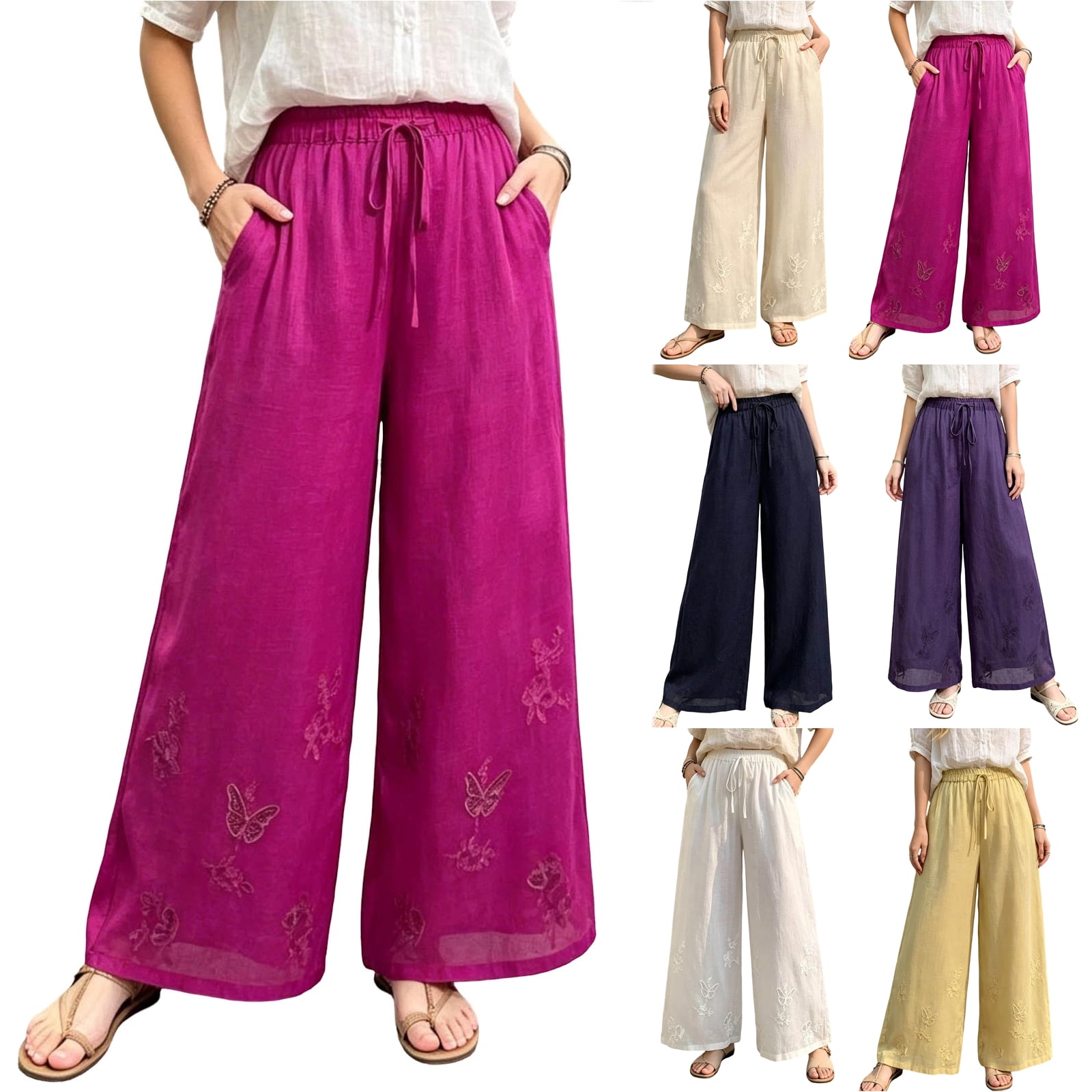 Bloomae Womens Wide Leg Linen Pants Cute Butterfly Floral Embroidered ...