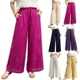 Bloomae Womens Wide Leg Linen Pants Cute Butterfly Floral Embroidered ...