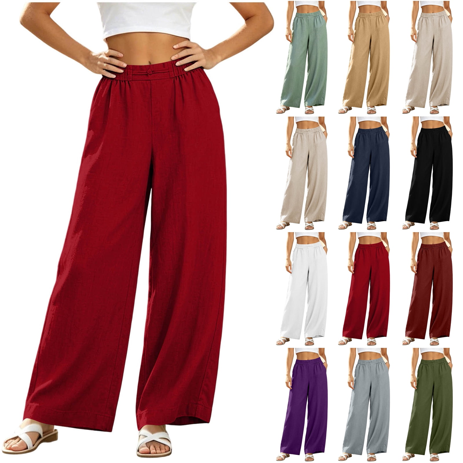Bloomae Womens Wide Leg Palazzo Pants Summer Button Elastic High ...
