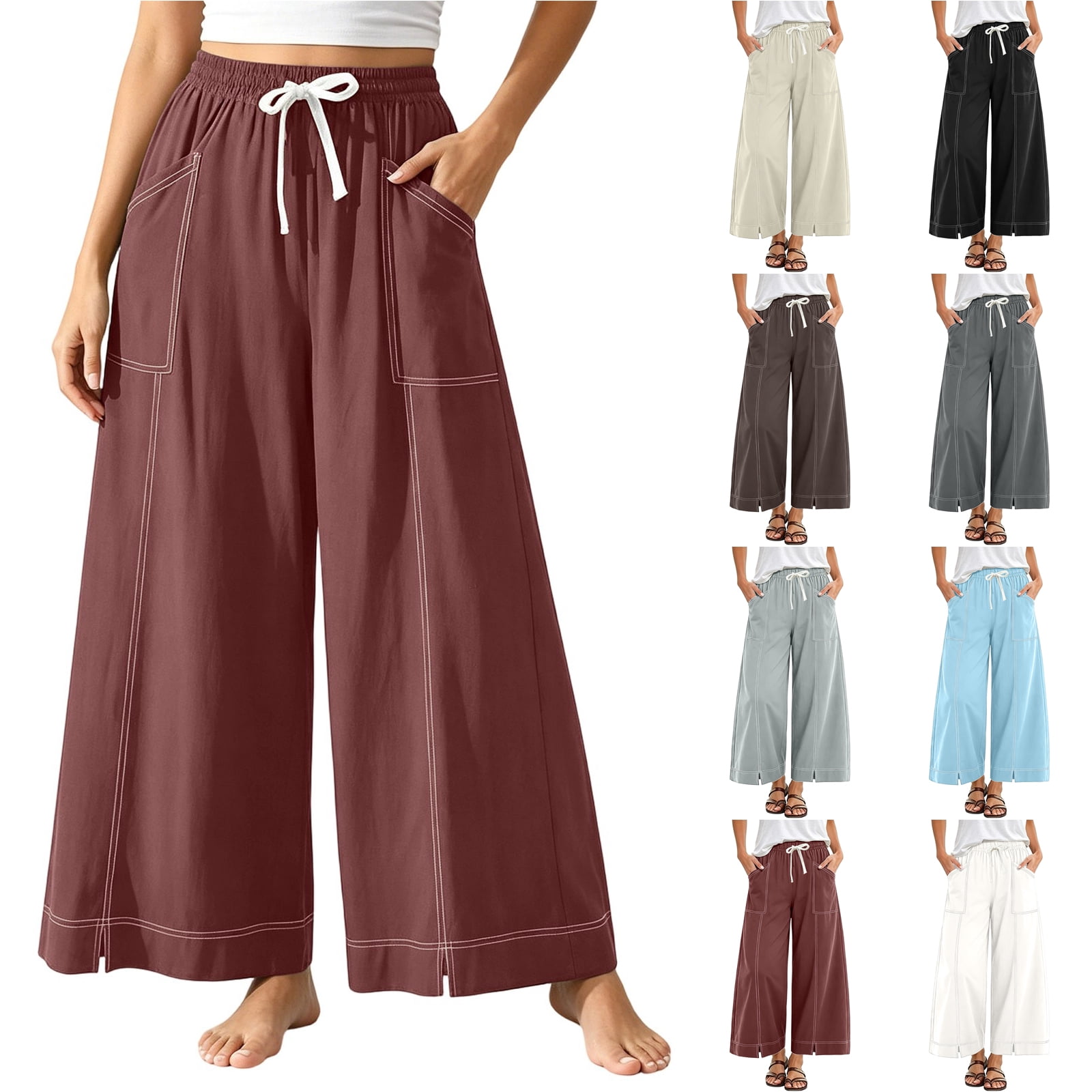 Bloomae Womens Wide Leg Pants Lightweight Casual Drawstring Elastic ...