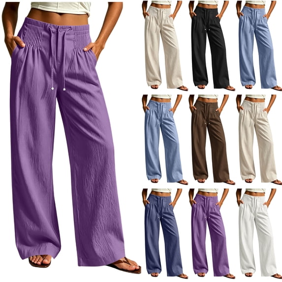 Bloomae Womens Wide Leg Pants Summer Casual Drawstring Wide Smoked ...