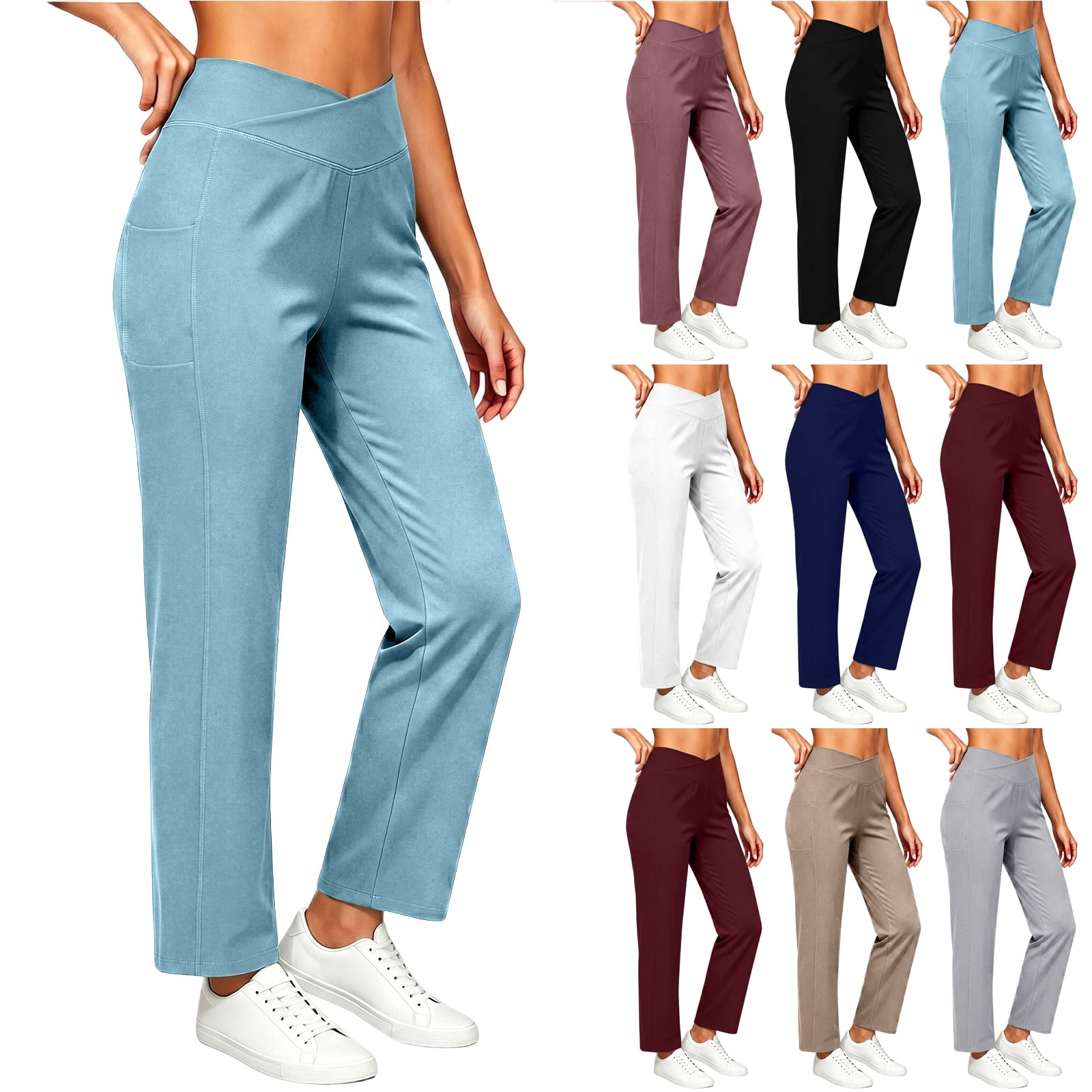 Bloomae Womens Wide Straight Leg Yoga Pants Crossover Elastic High ...
