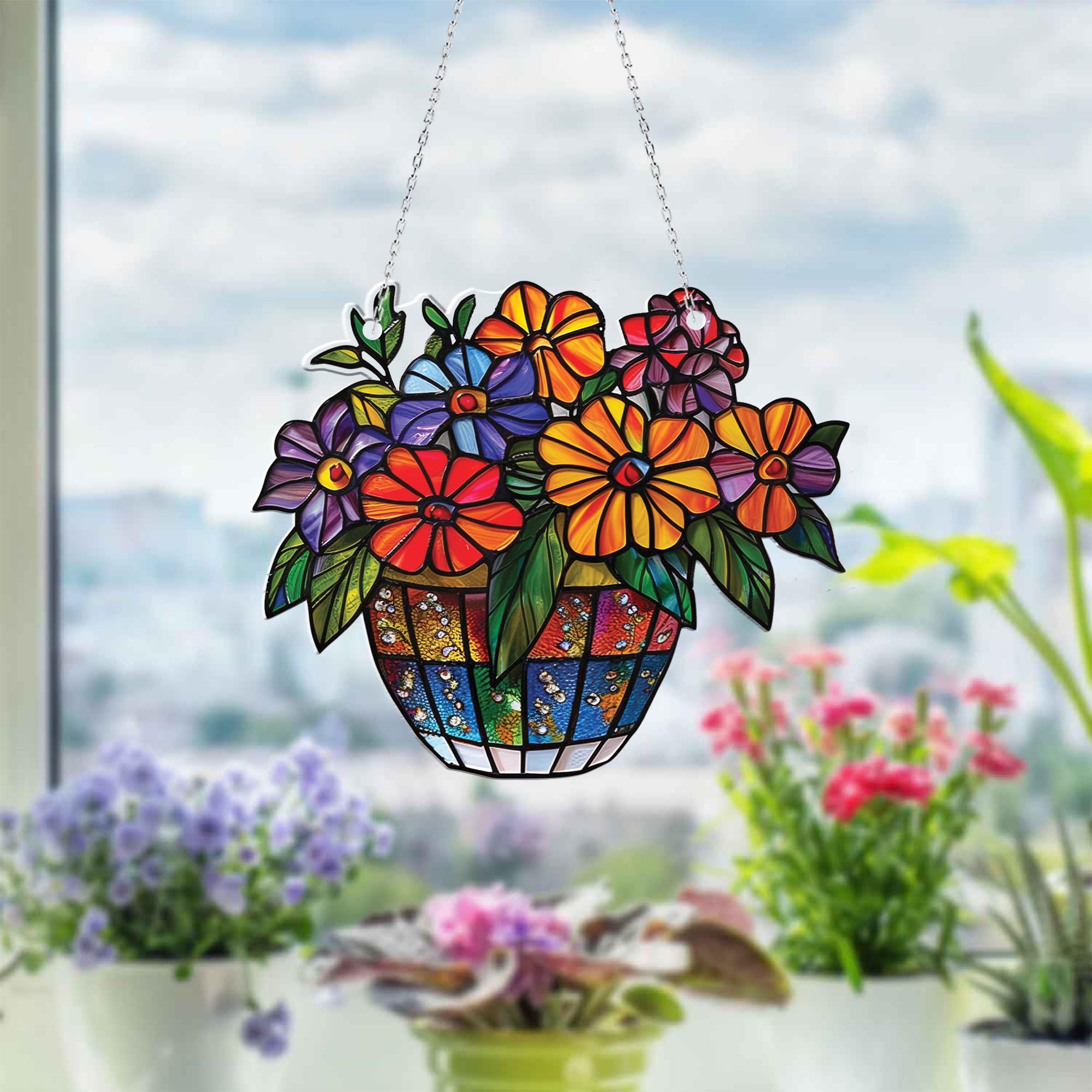 Blooming Basket Acrylic Window Hanging - Stained Glass Floral Design ...