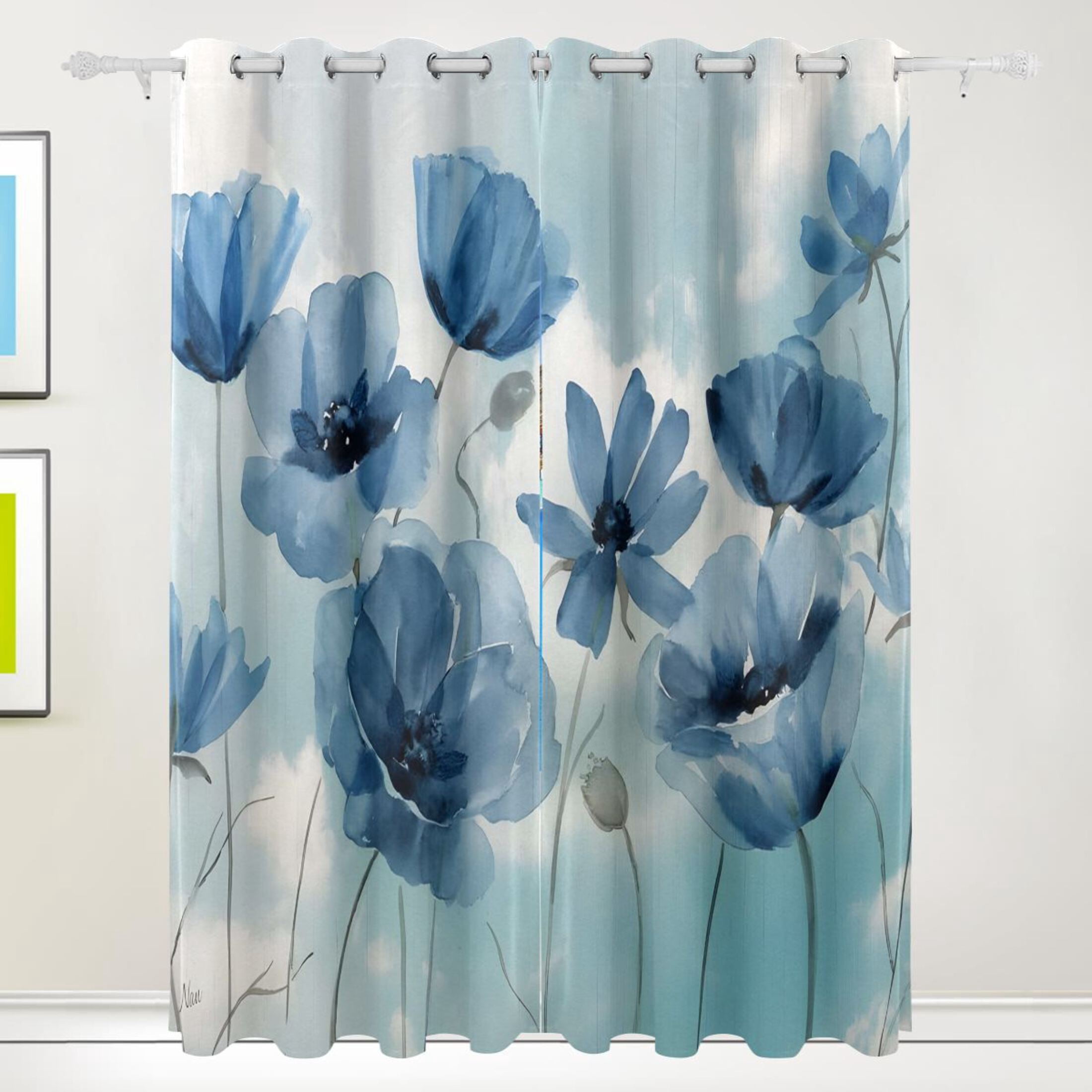 Blooming Blue Flowers Blackout Curtains 55W x 84L Living Room Bedroom ...