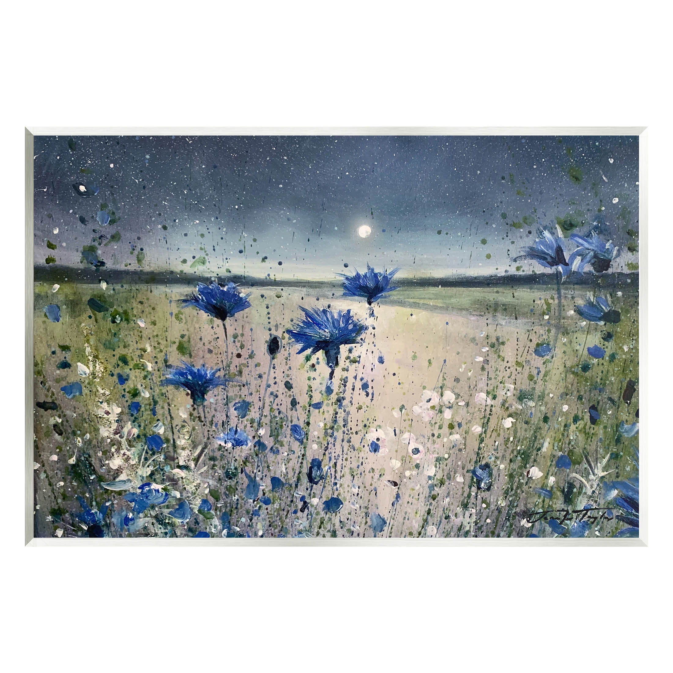 Blooming Blue Flowers Night Moon Landscape Painting Unframed Art Print ...