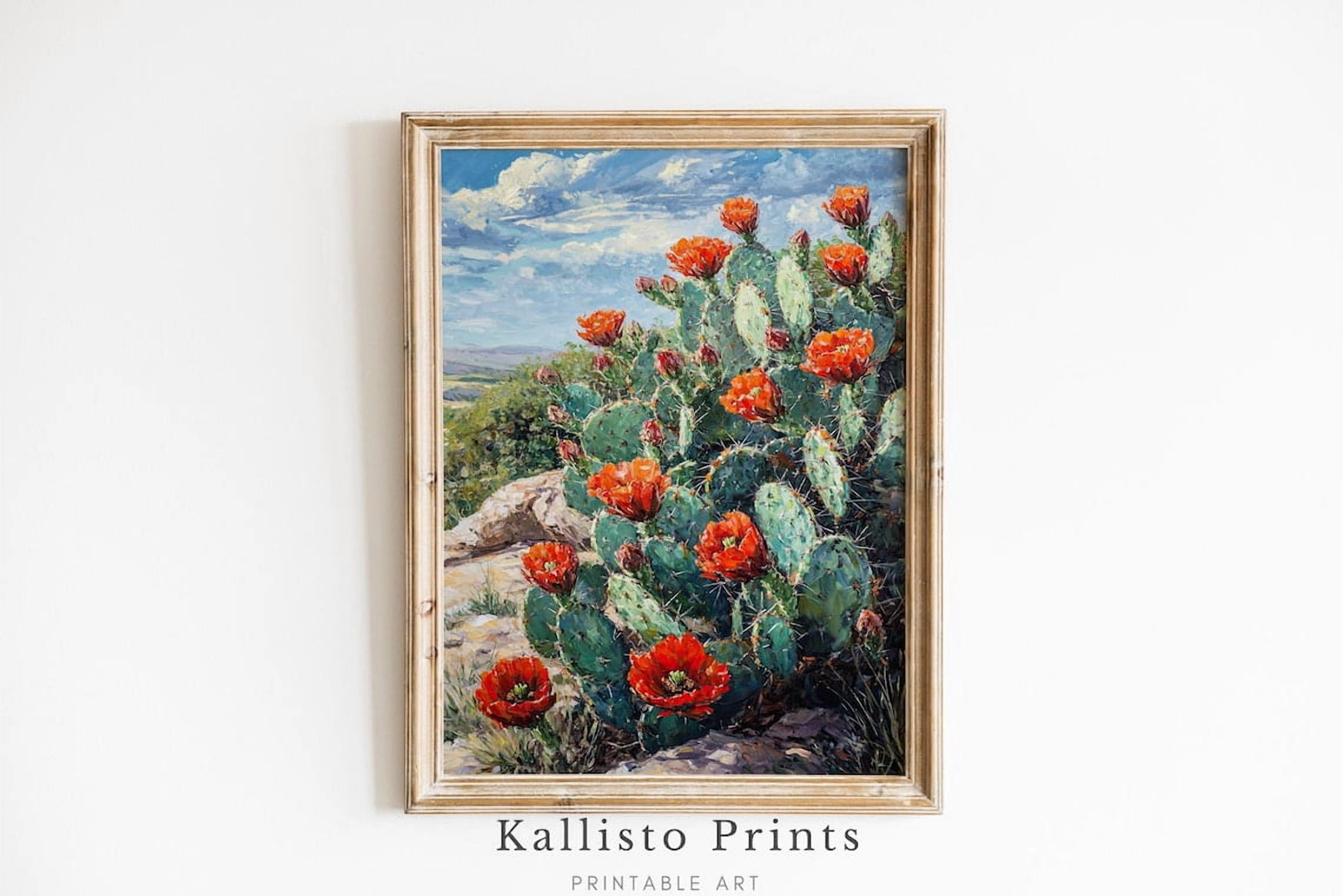 Blooming Cactus Desert Art Print Poster Red Flowering Cacti Print ...