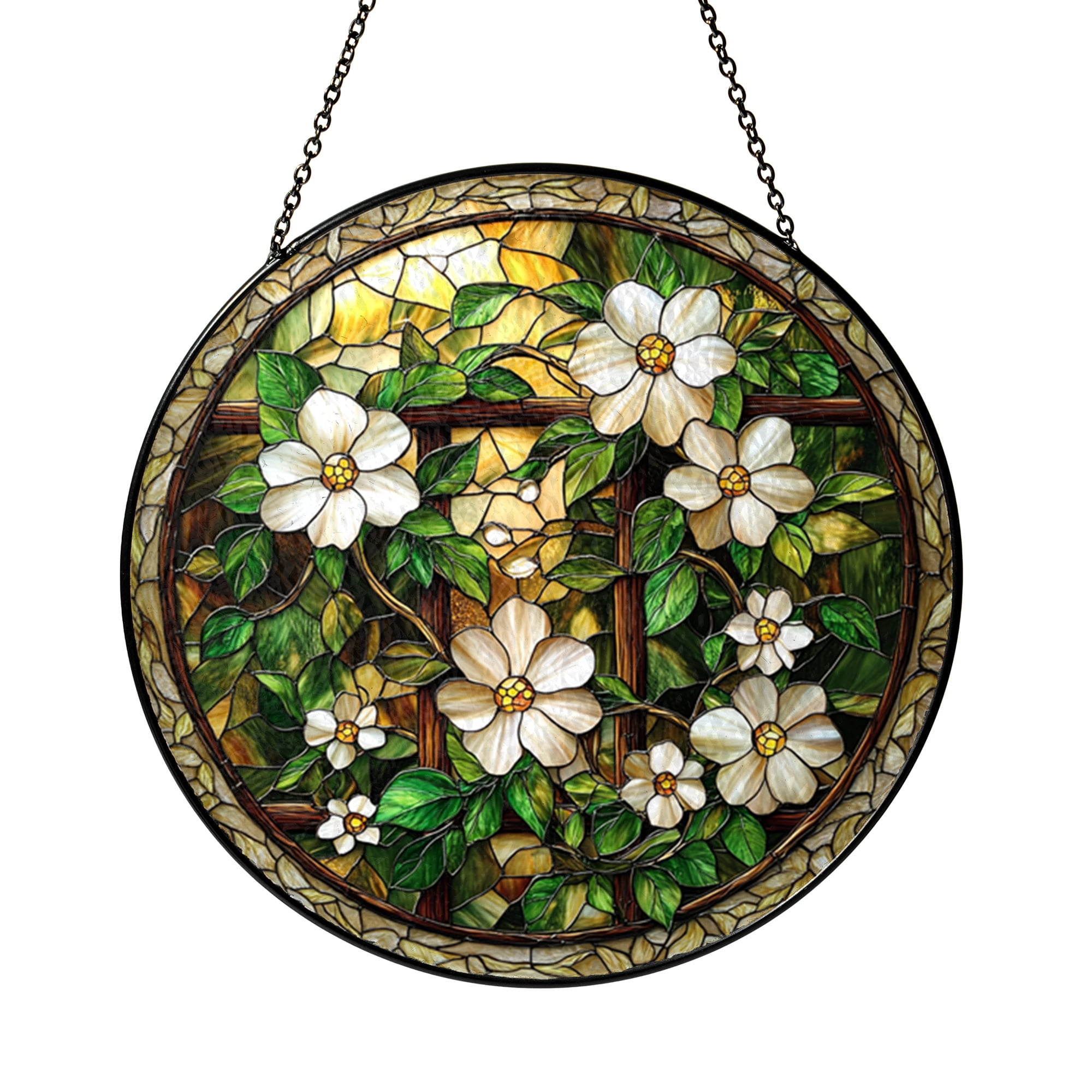 Blooming Clematis Along Fence Stained Glass Style Round Window Hanging ...