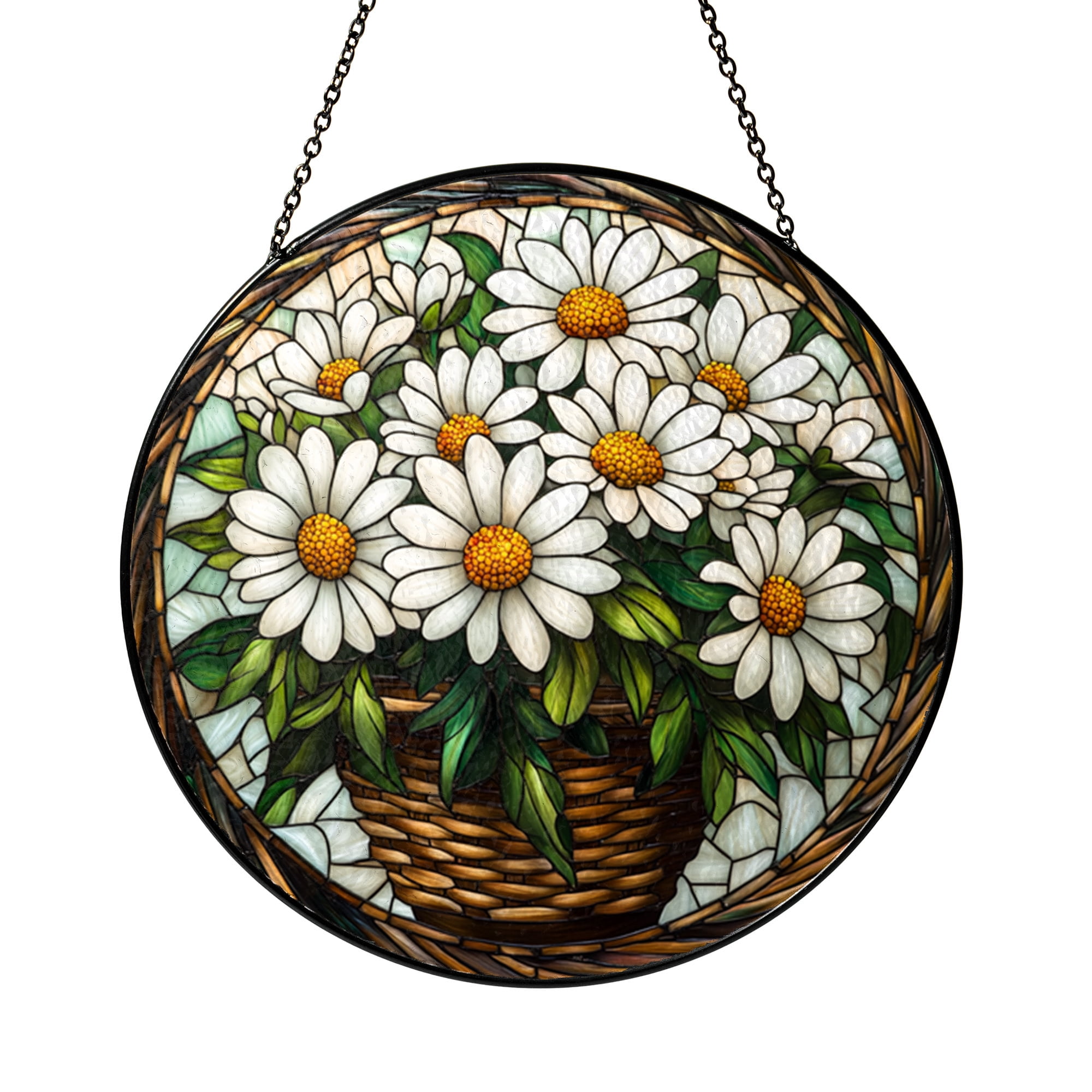 Blooming Daisy Basket Stained Glass Decorative Window Suncatcher Accent ...