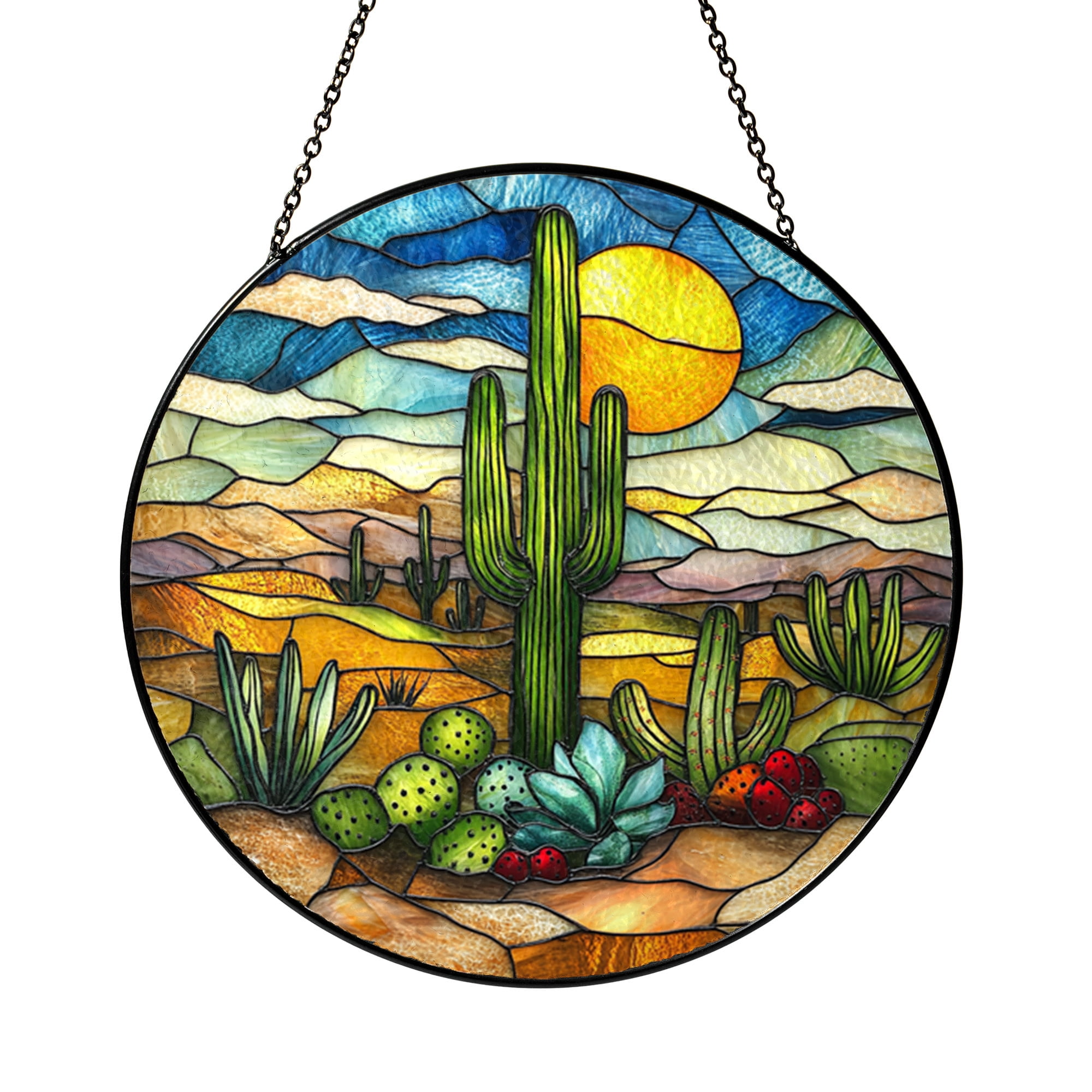 Blooming Desert Cactus Glass Suncatcher Window Hanging Warm Western ...
