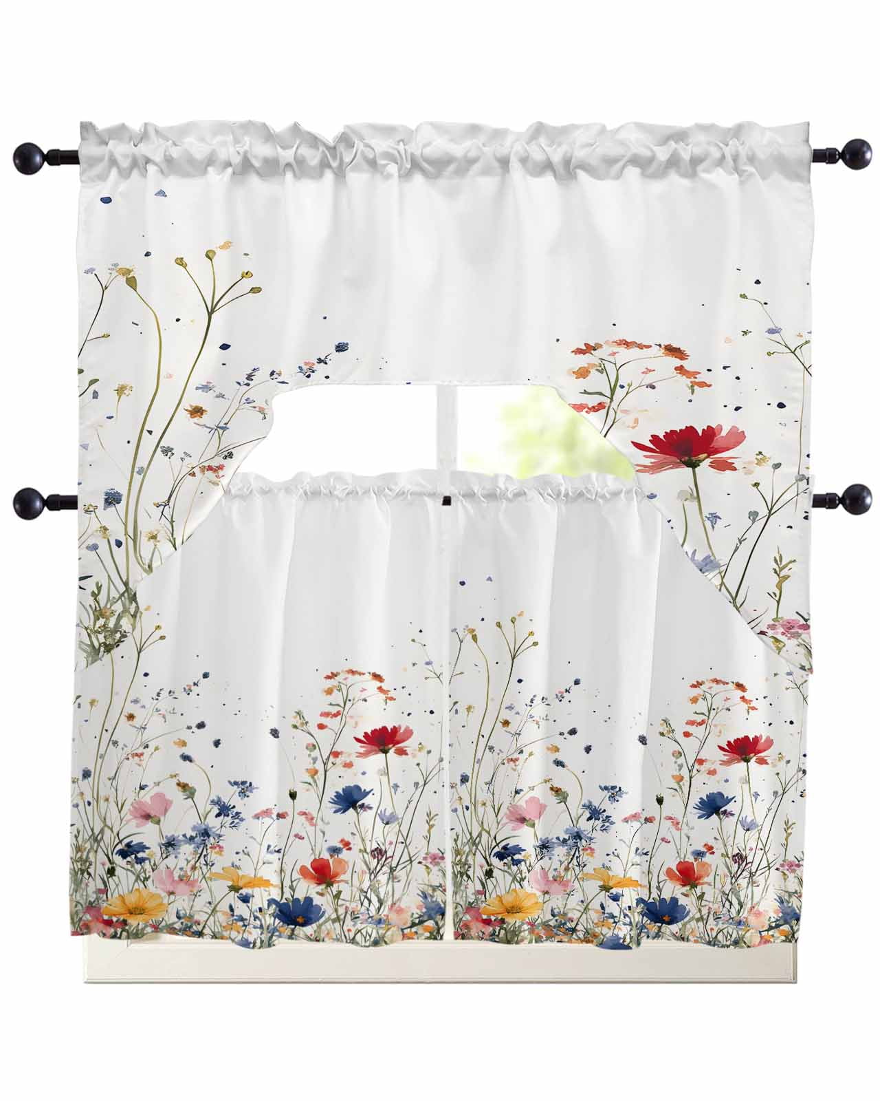 Blooming Flower Kitchen Curtains Sets 36 Inch Length with Valance ...