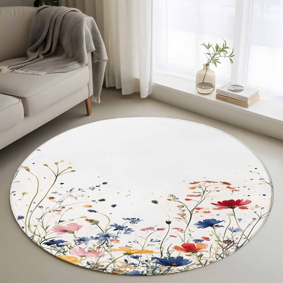 Blooming Flower Round Area Rug 4ft, Spring Floral Summer Botanical ...