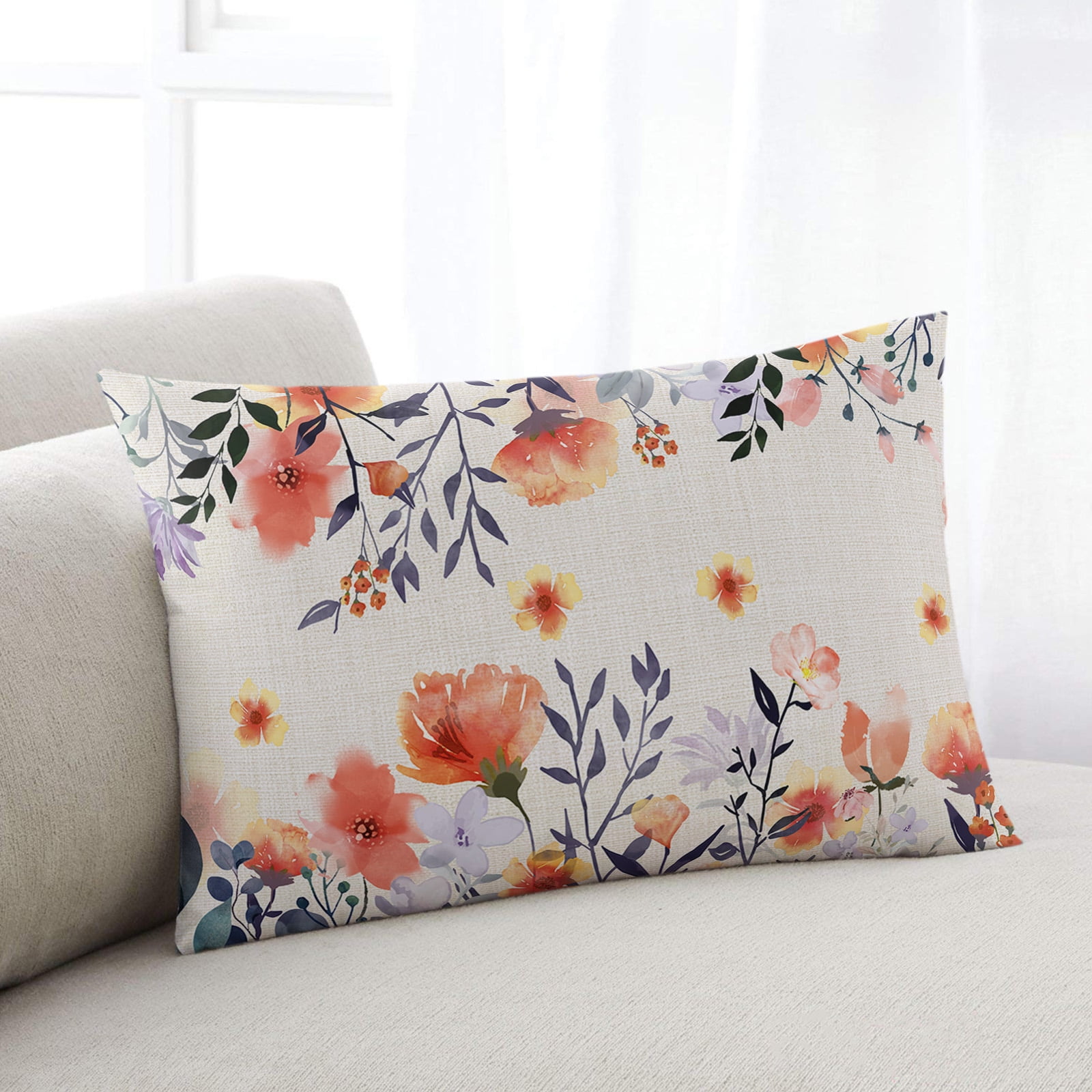 Blooming Flower Throw Pillow Cover, Watercolor Orange Herb Botanical ...
