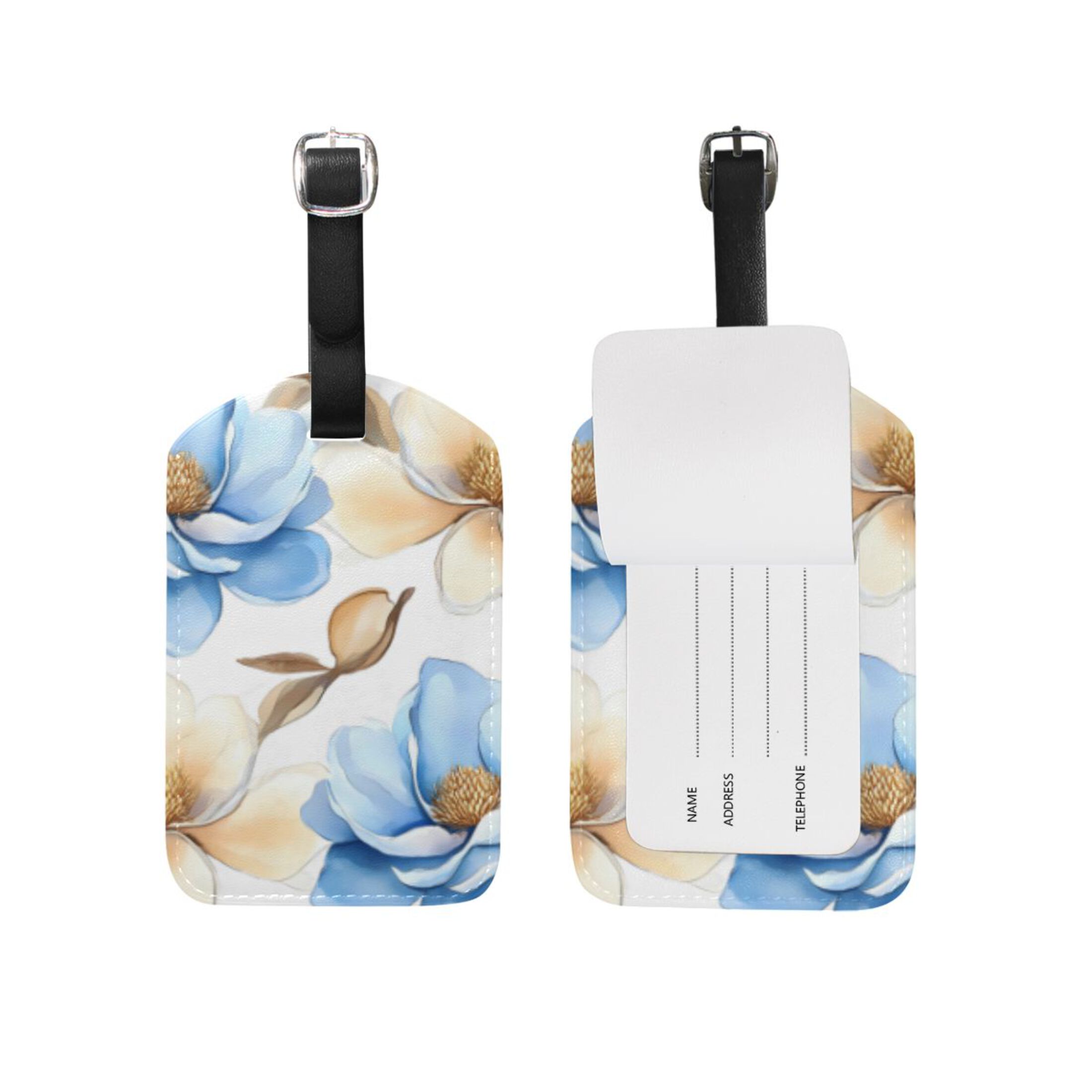 Blooming Flowers Blue and Beige Luggage Tags PU Leather Name ID Labels ...