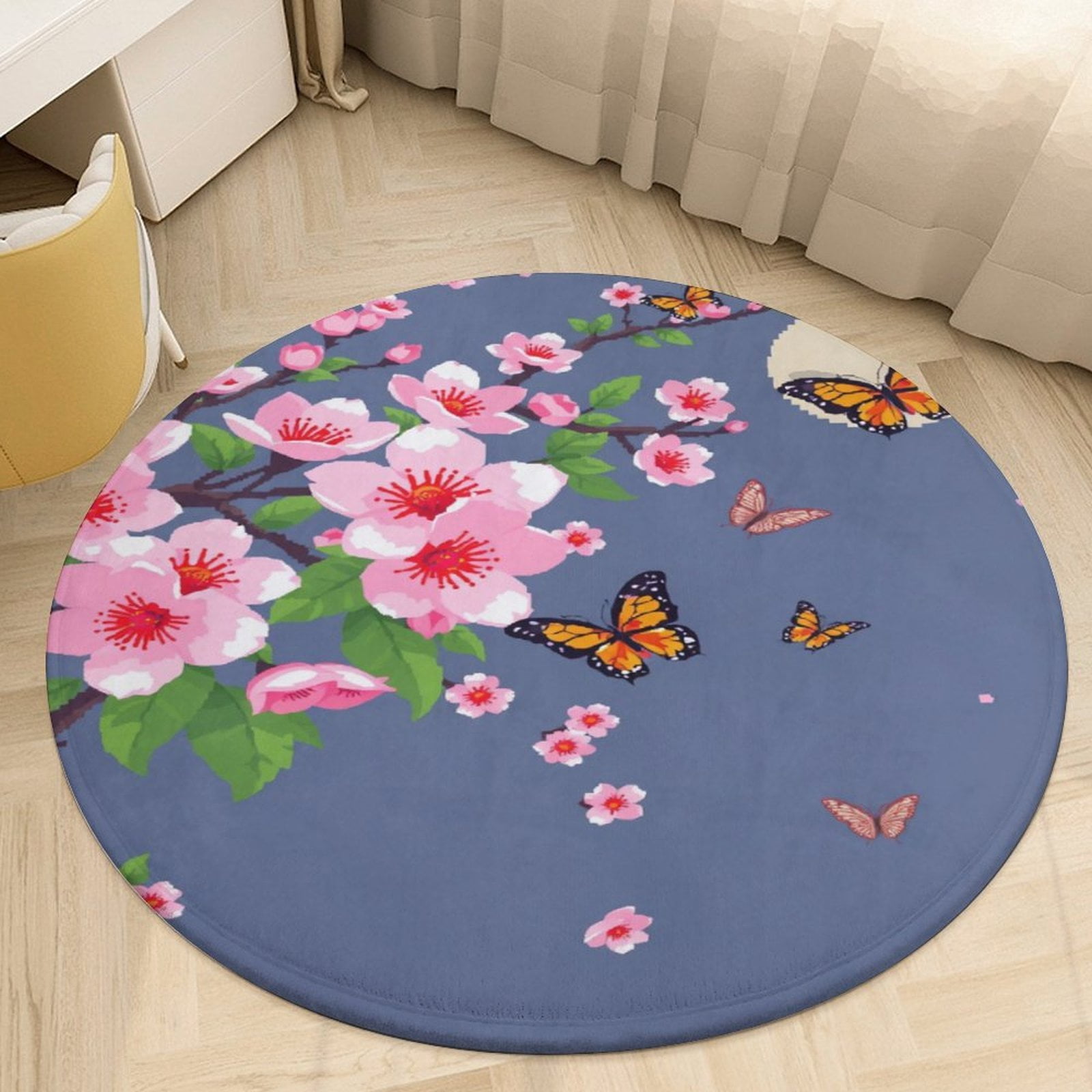 Blooming Flowers Butterflies Moon Modern Round Carpets for Living Room ...