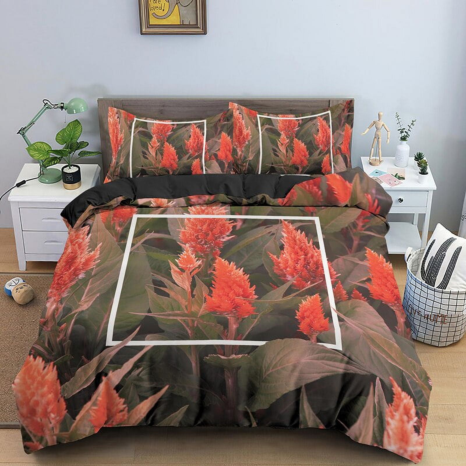 Blooming Flowers King Duvet Cover Red Pomegranate Flower Bedding Set ...