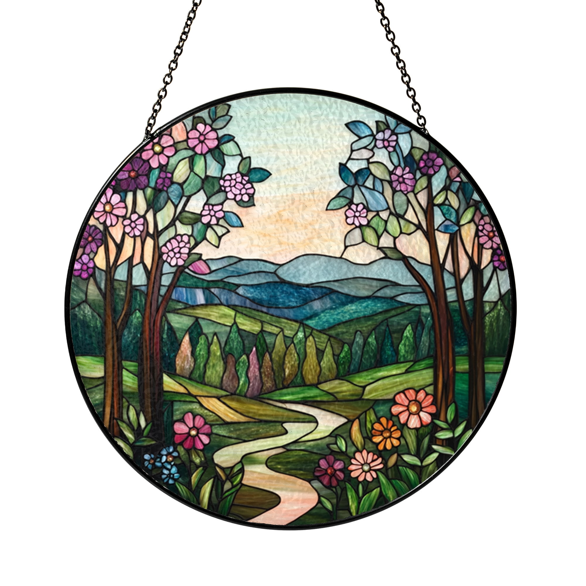 Blooming Forest Round Suncatcher – Stained Glass Style Woodland Window ...